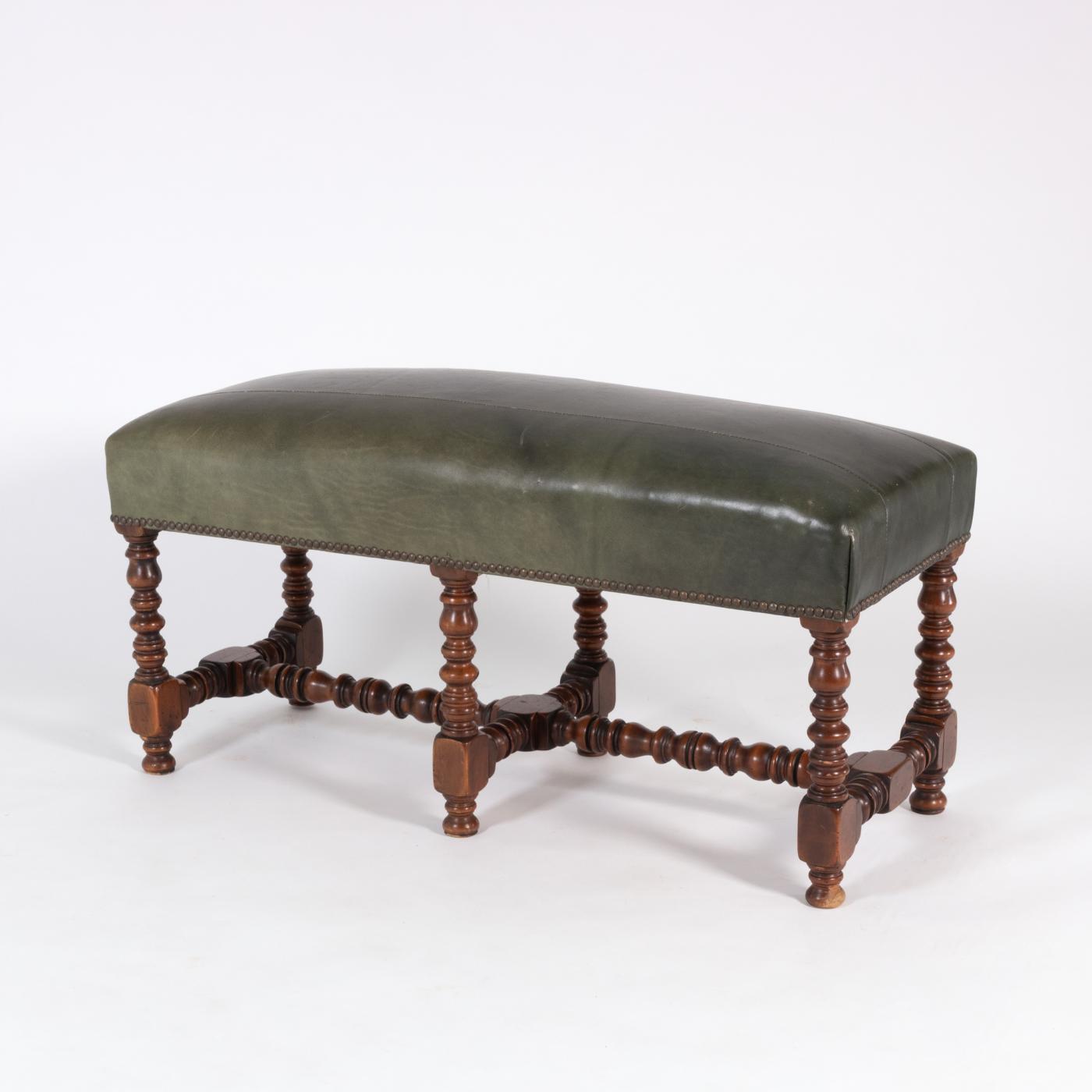 French Baroque Style Bench Upholstered In Green Leather, Circa 1880.