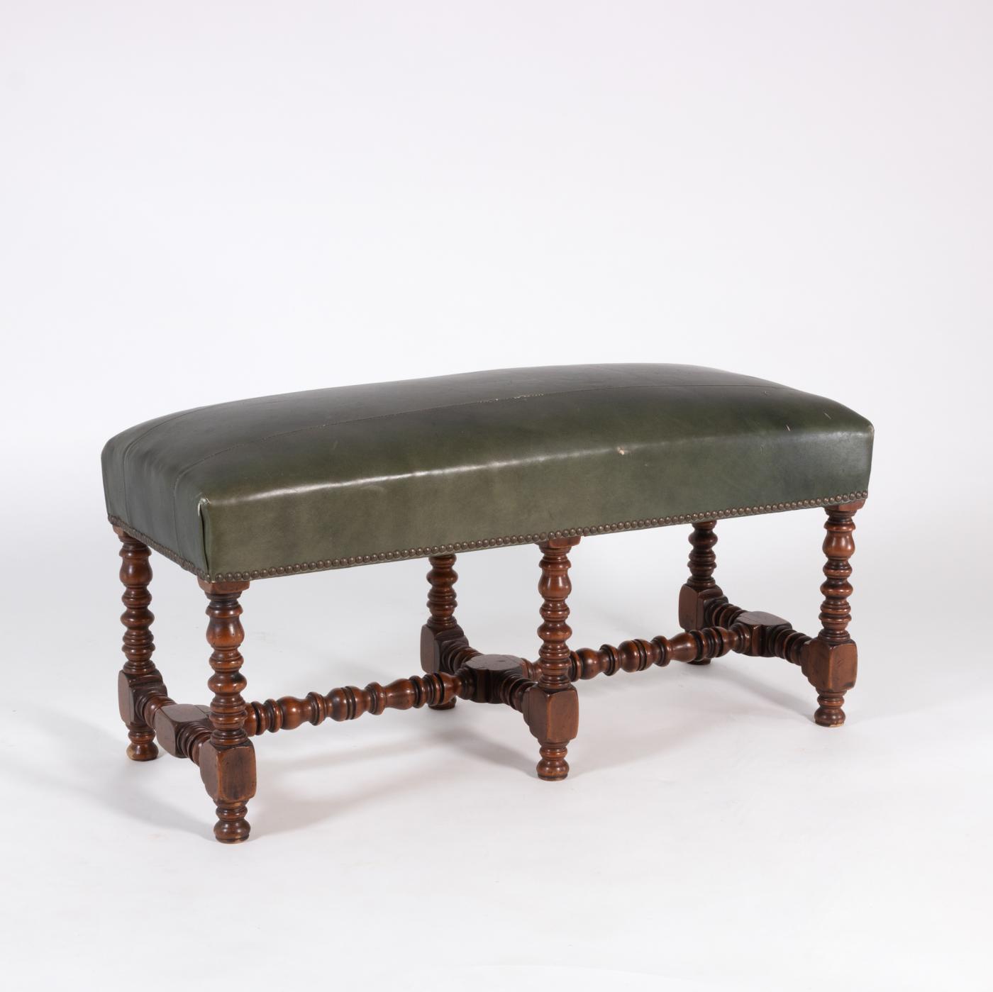 French Baroque Style Bench Upholstered In Green Leather, Circa 1880.