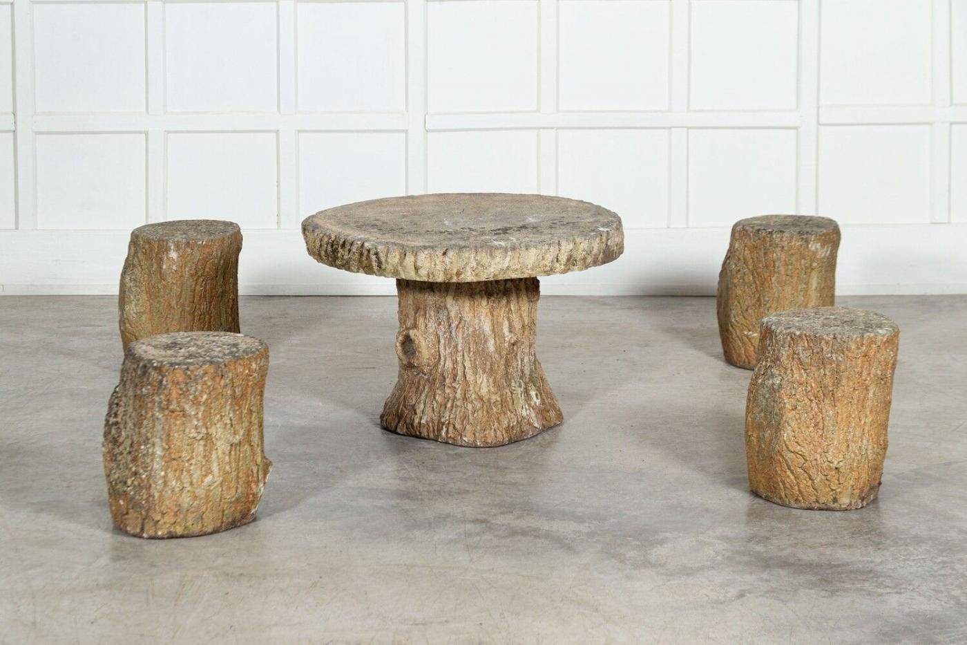 French Faux Bois Stone Garden Table & Stools Set