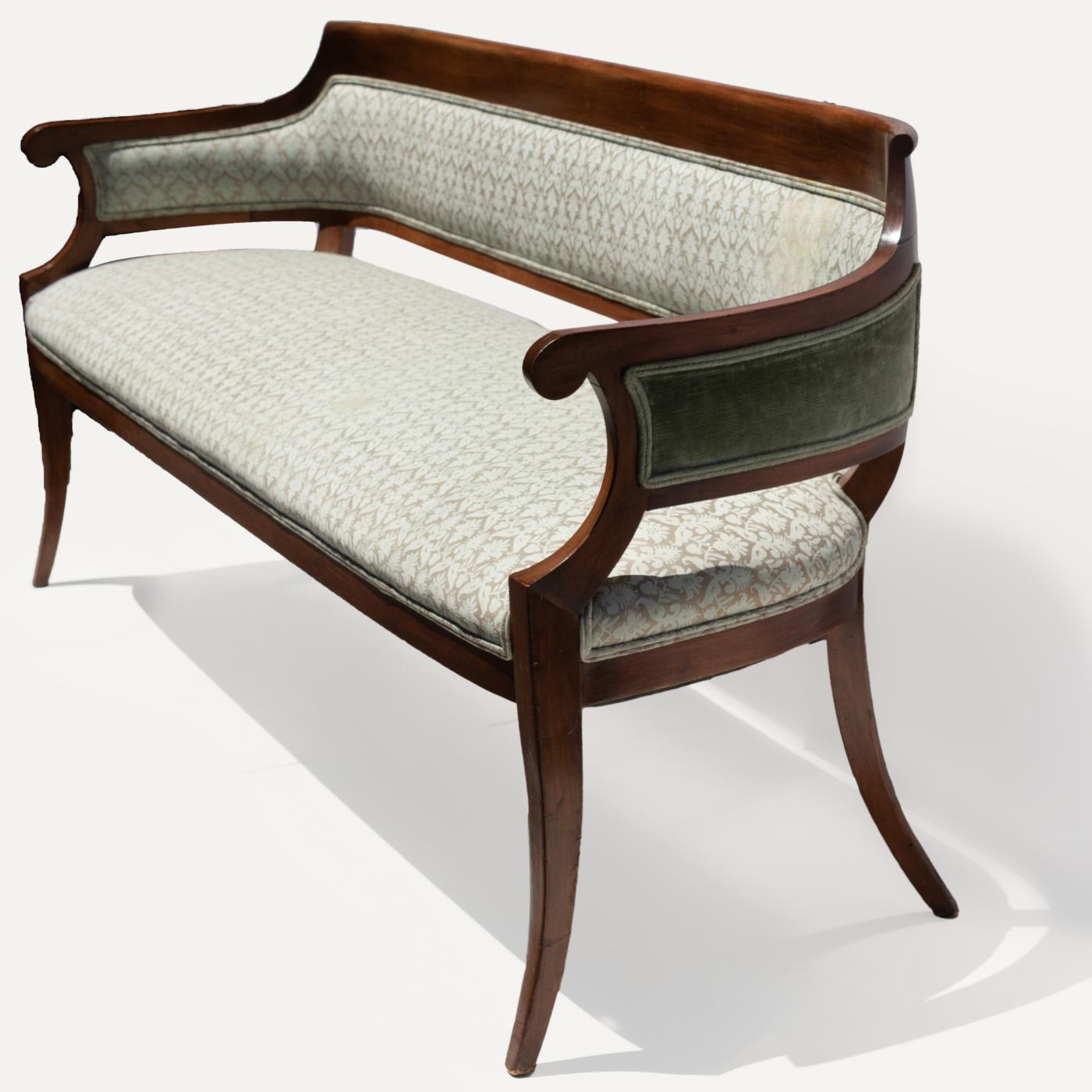 French Fruitwood Upholstered Bench In Vintage Fortuny & Silk Velvet ...