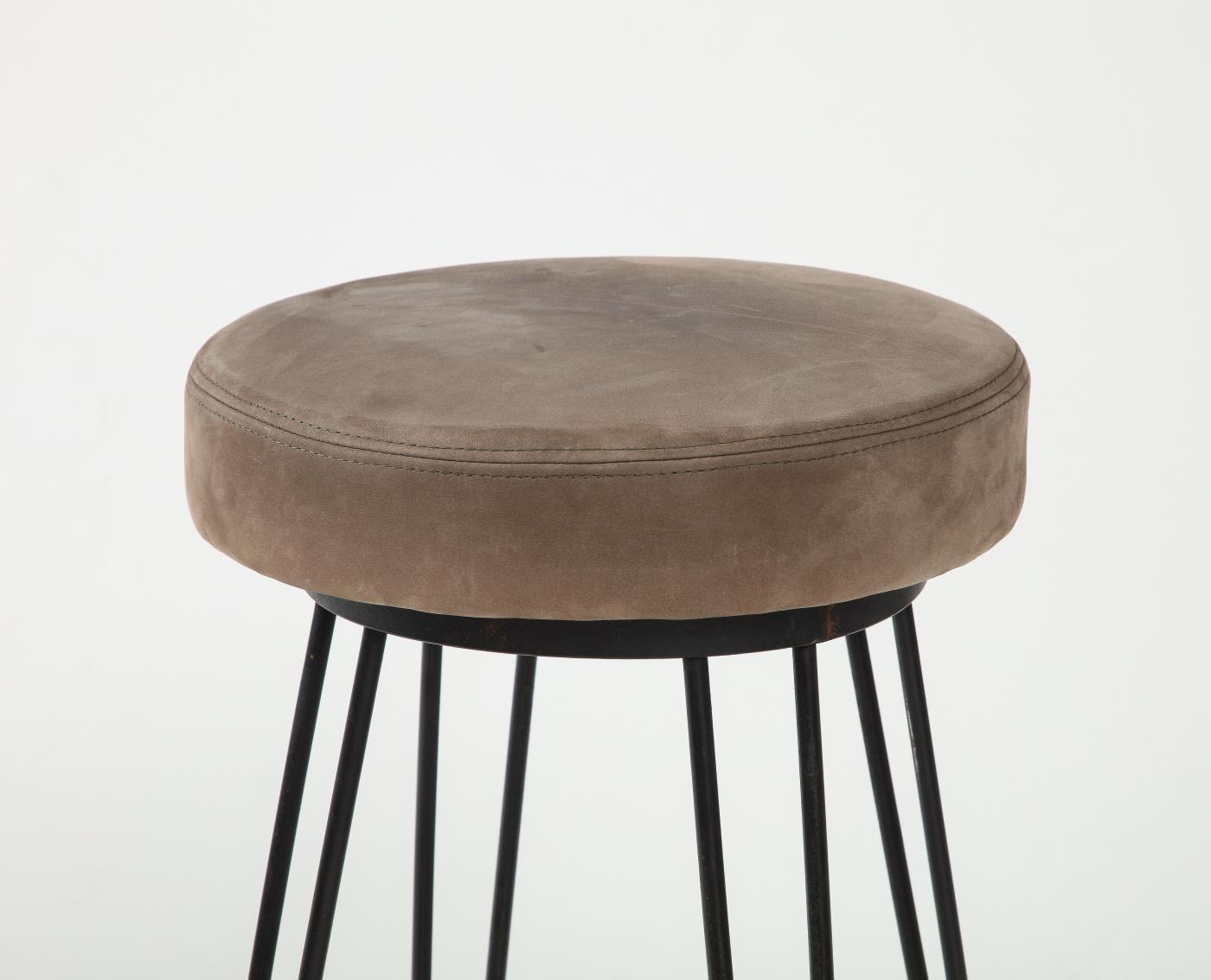 French Industrial Wrought Iron Bar Stool with Nubuck Upholstery