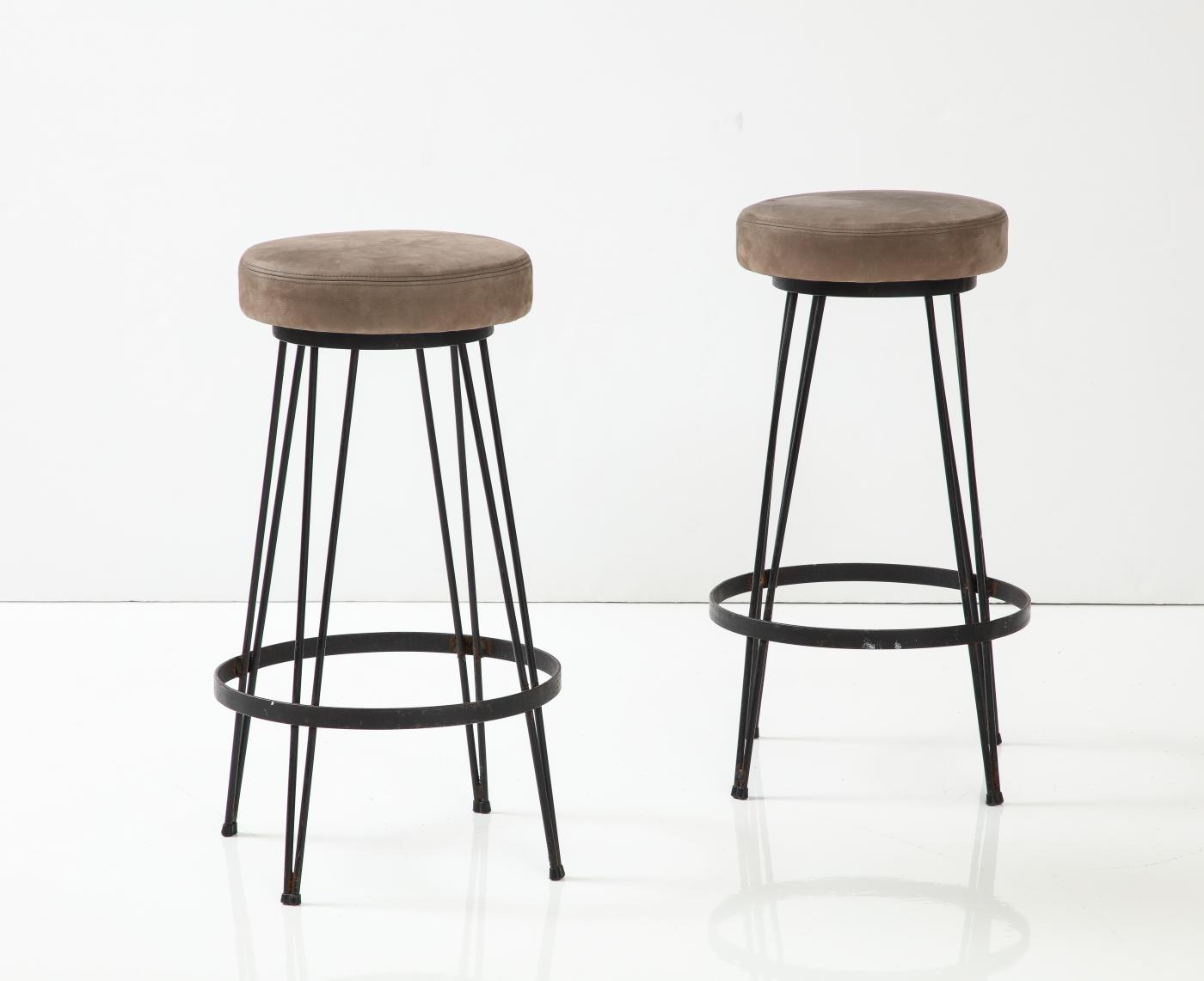 French Industrial Wrought Iron Bar Stool with Nubuck Upholstery
