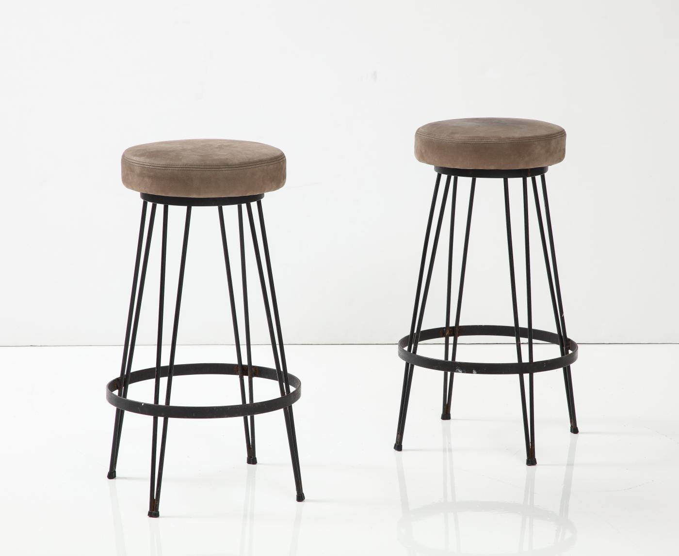 French Industrial Wrought Iron Bar Stool with Nubuck Upholstery