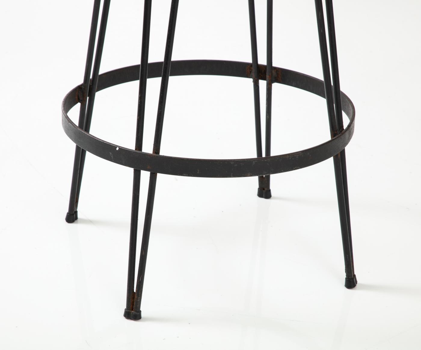 French Industrial Wrought Iron Bar Stool with Nubuck Upholstery