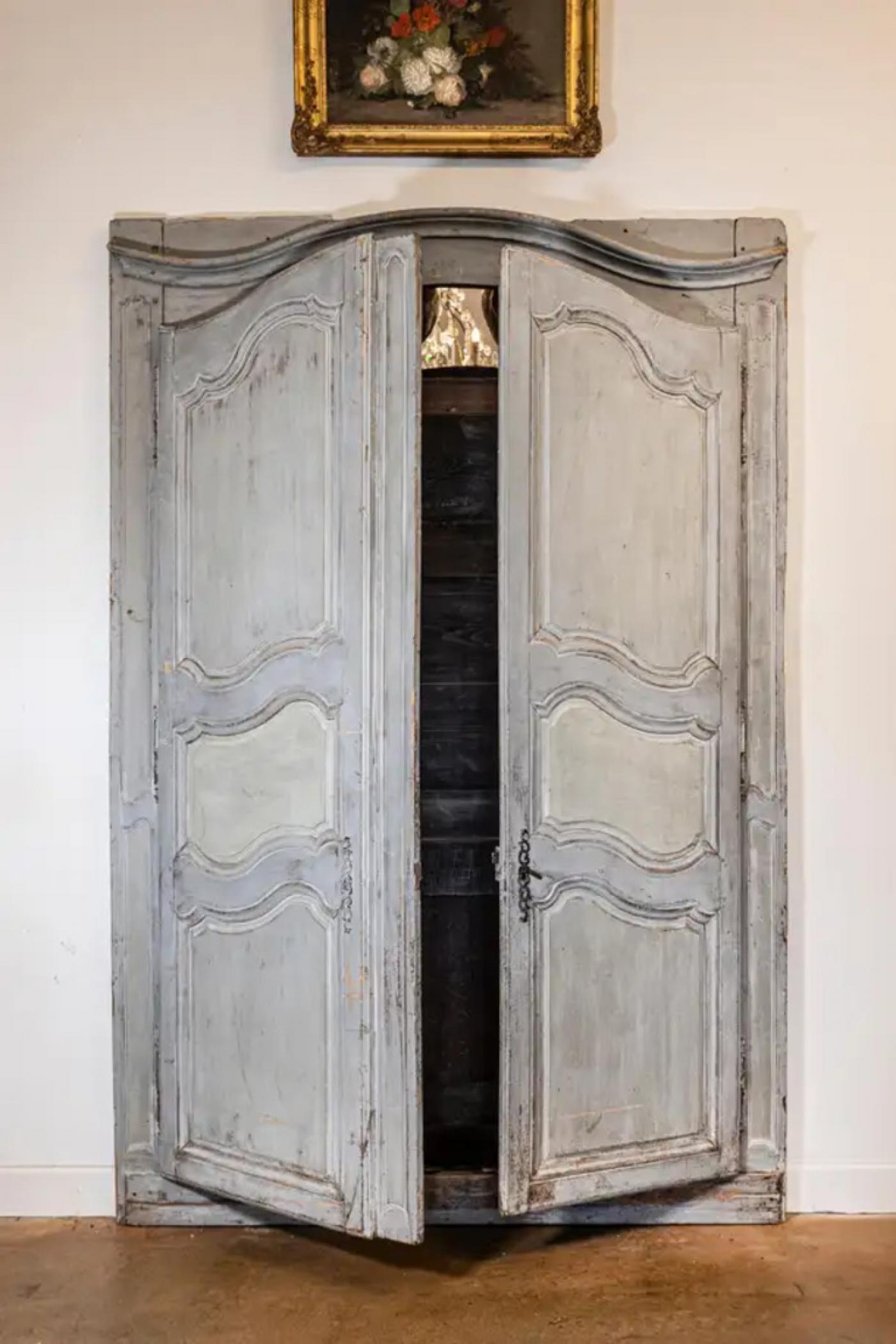 French Louis XV Period 1750s Blue Gray Painted and Carved Wooden Double ...