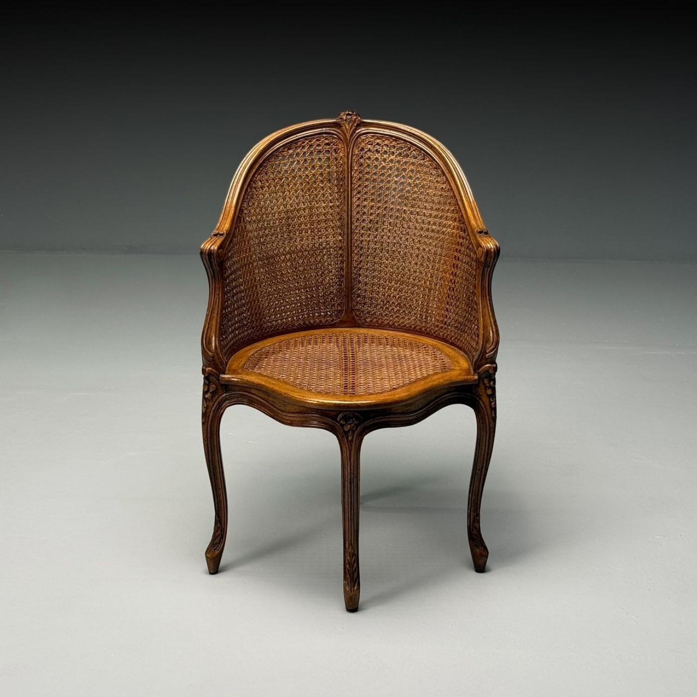 French Louis XV Style, Corner Berger Chair, Cane, Walnut, France, 1920s
