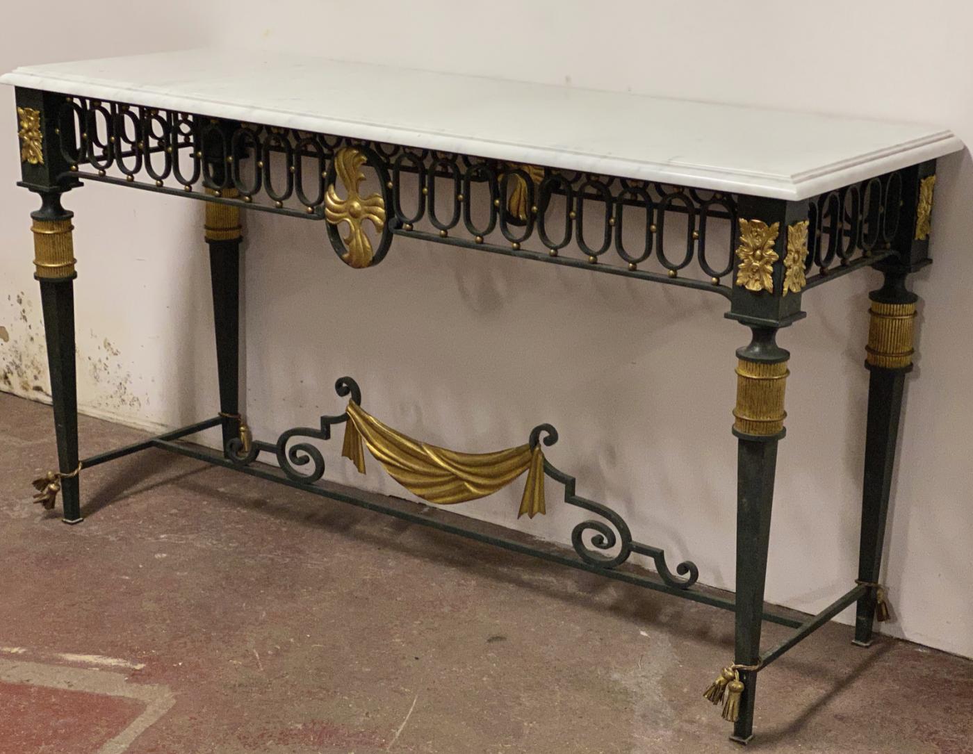 French Neo classical gold leaf metal patinated console with a marble top