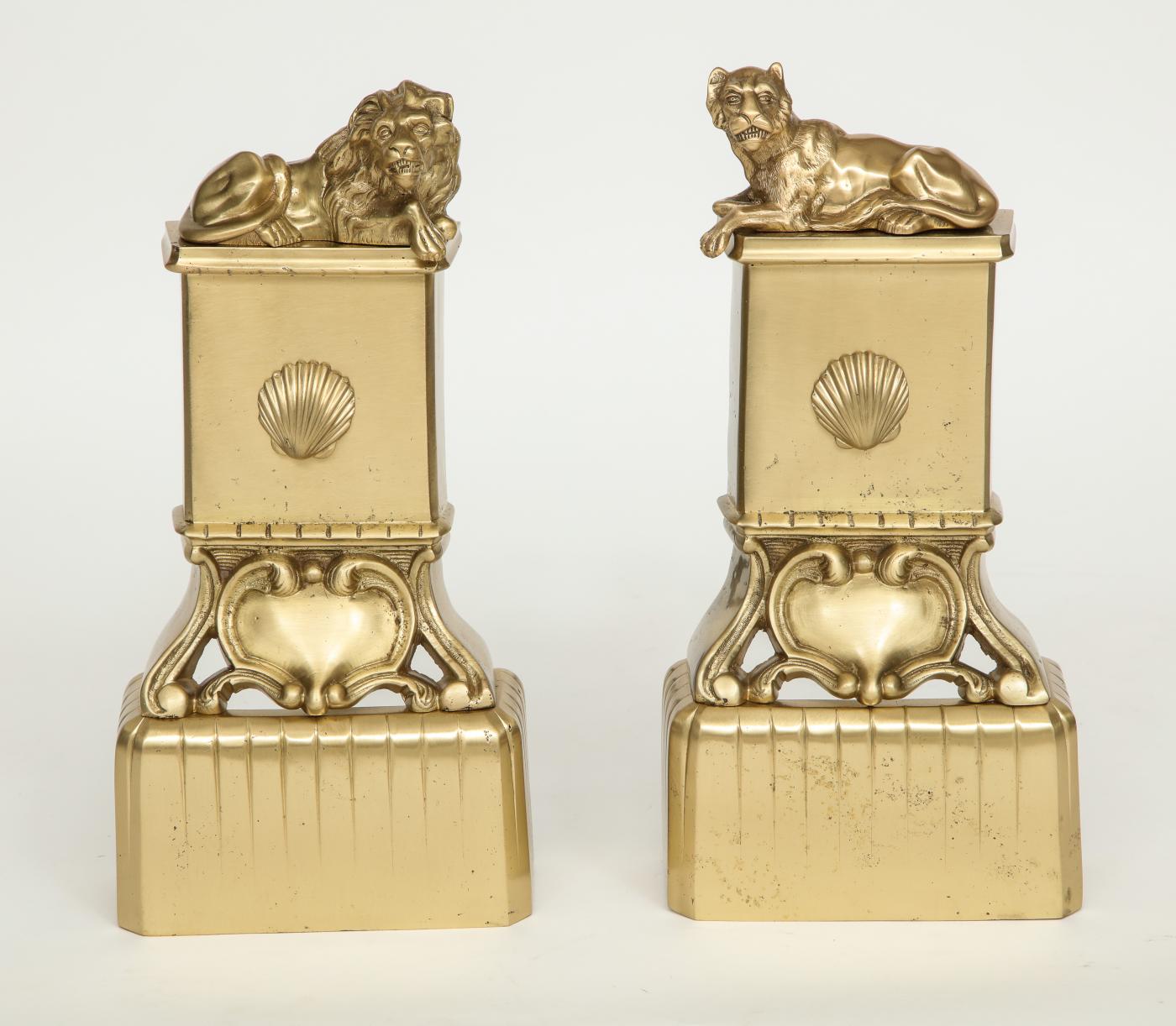 French Neoclassical Brass Lion Andirons