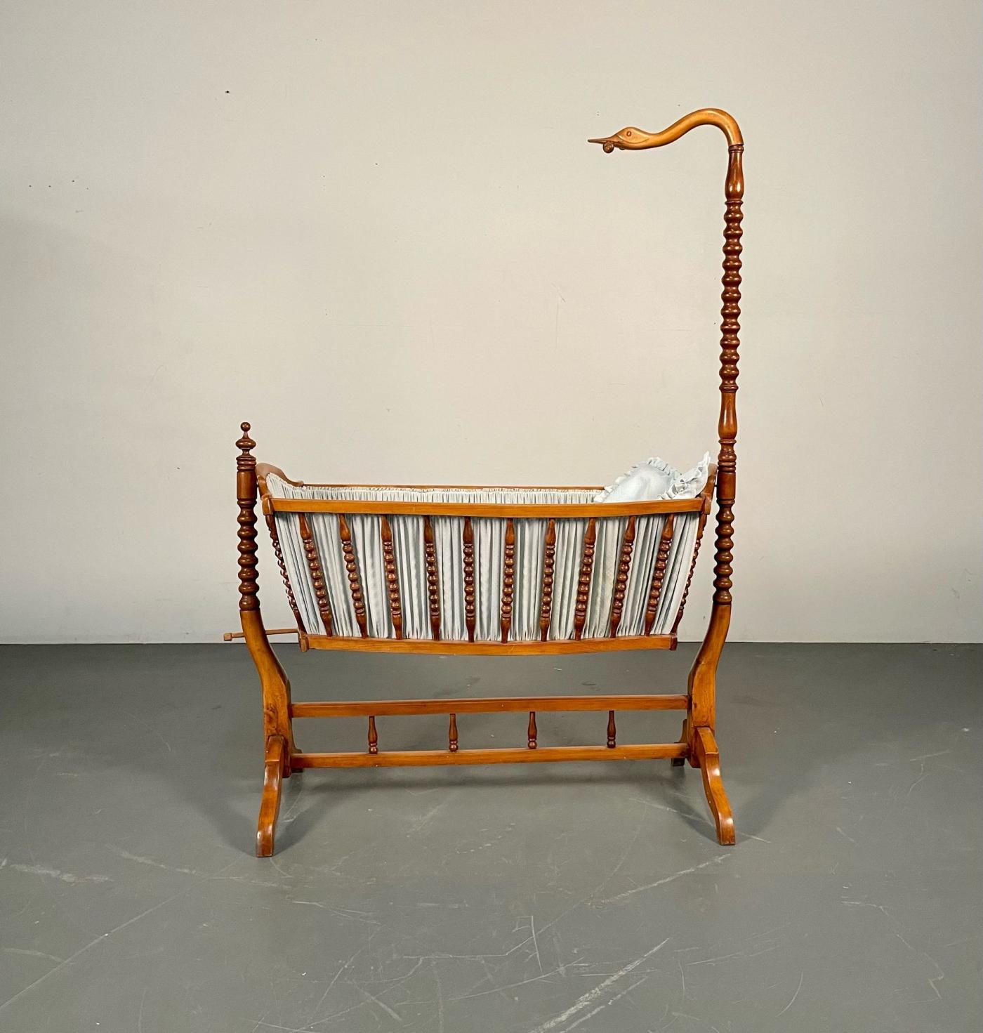 French Spindled 19th Century Walnut Decorative Cradle, Swan Motif
