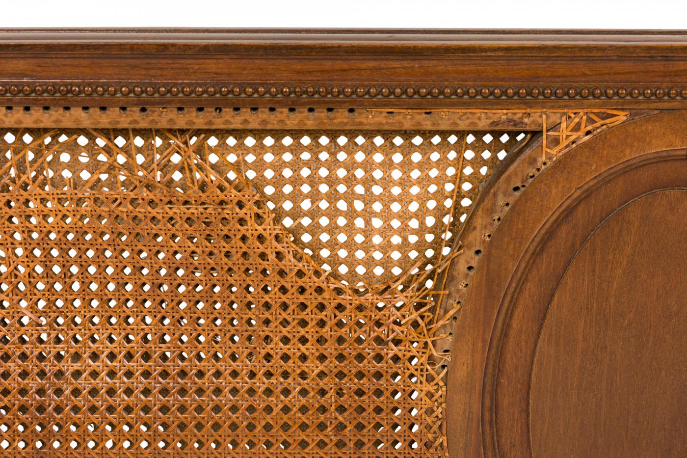 French Victorian Carved Wood And Caning Queen Size Bed Frame