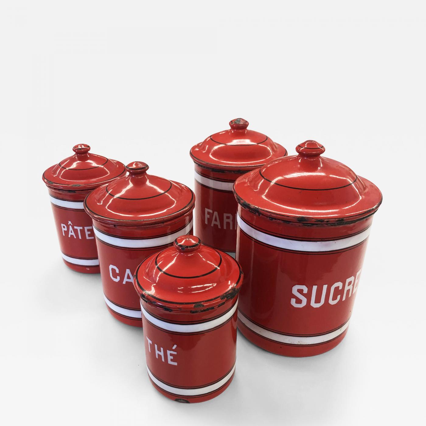 French Vintage Enamel Nesting Canisters, Set of 5