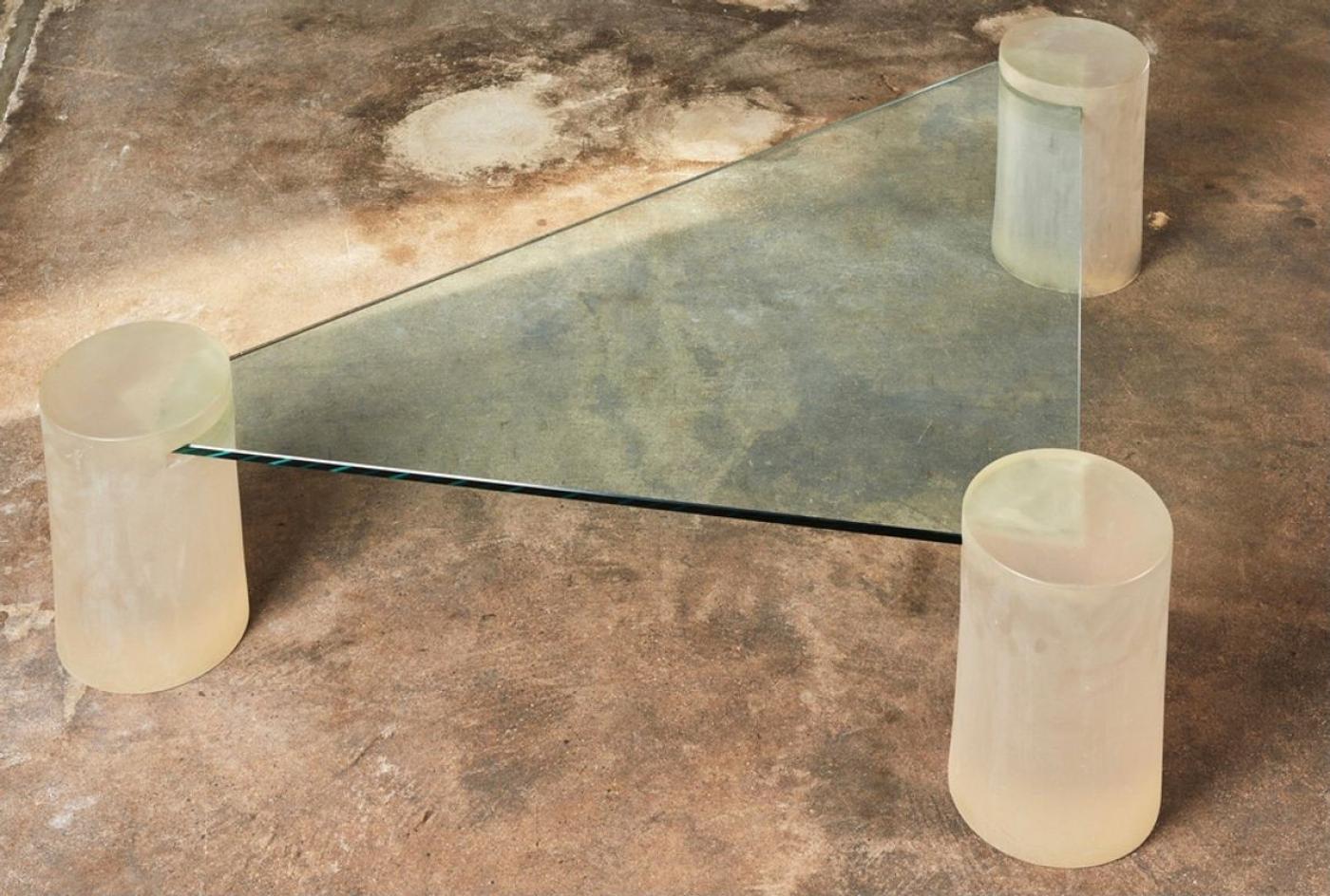 Karl Springer - Frosted Lucite and Glass Triangle Coffee Table, Style ...