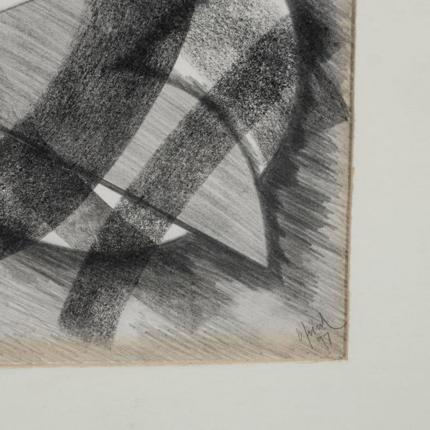 Futurist Abstract Drawing "Fortunate 98" in Pencil and Charcoal, 1997