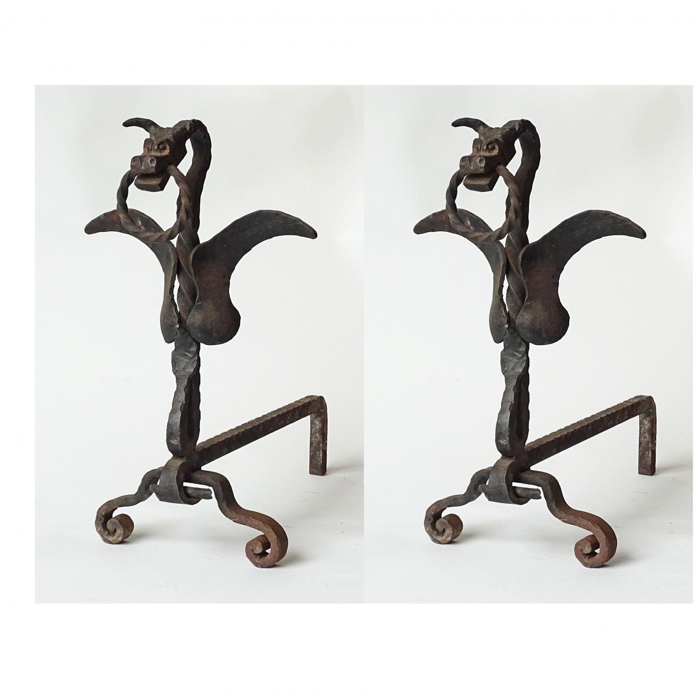 Gaetano Borsani - Italian Wrought Iron Dragon Andirons, 1920s