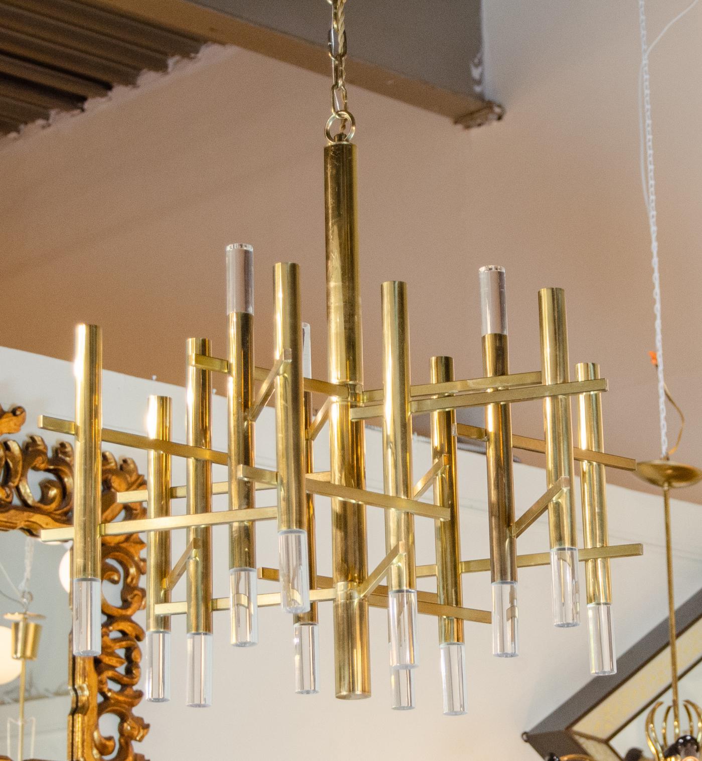 Gaetano Sciolari - Dramatic Brass and Lucite Geometric Chandelier