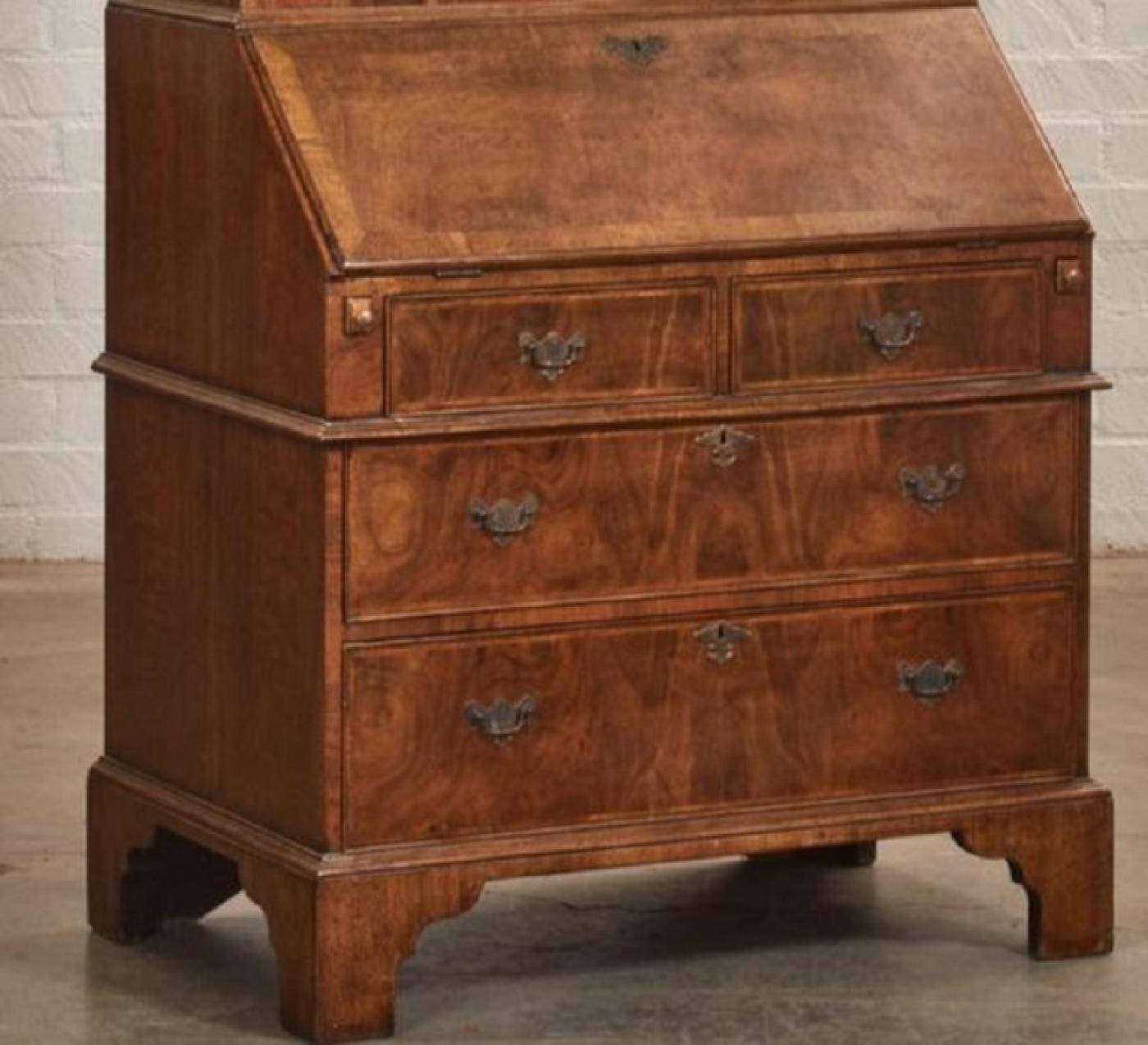 George II Style Burton-Ching Walnut Secretary Desk Bookcase Cabinet