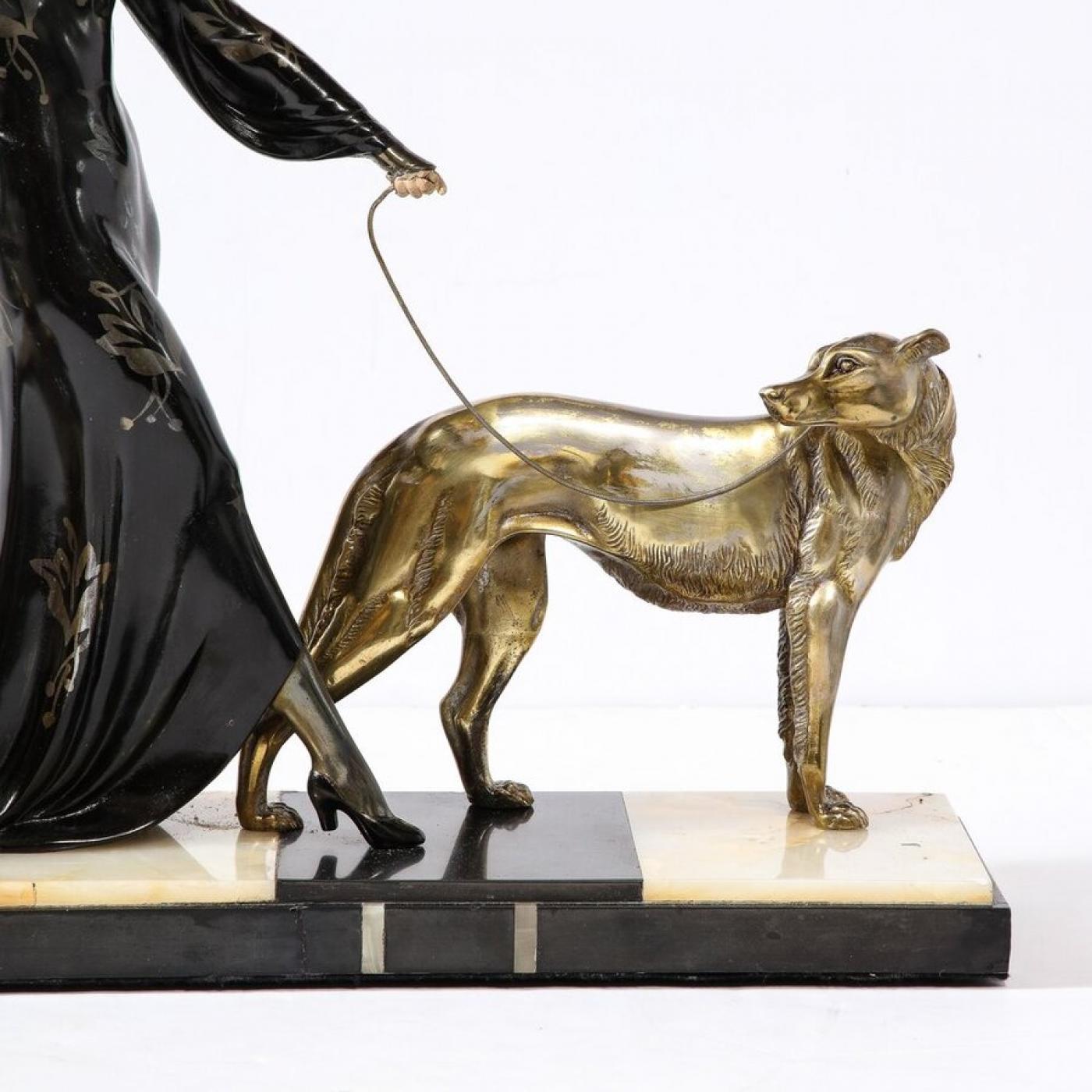 Georges Gori - Art Deco Sculpture of Woman Walking Borzois Signed G ...