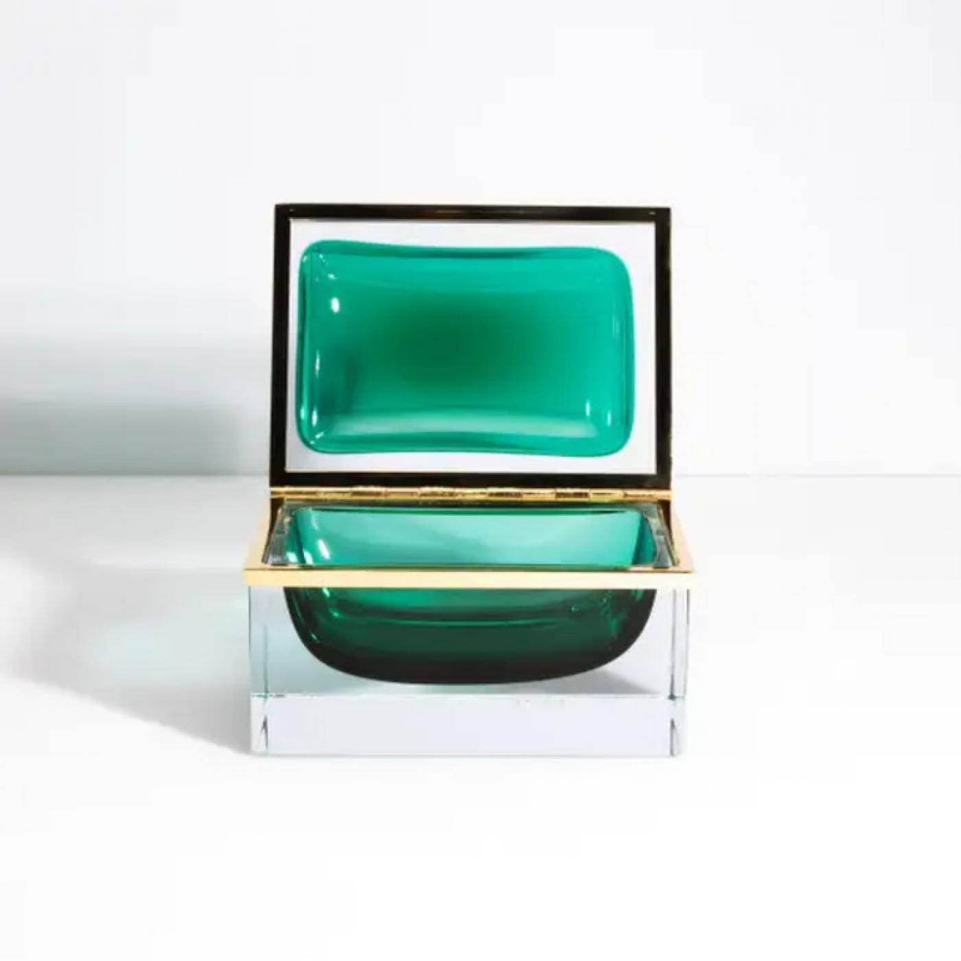 Giant Hand Blown Murano Glass Box in Emerald Green with Brass Fittings
