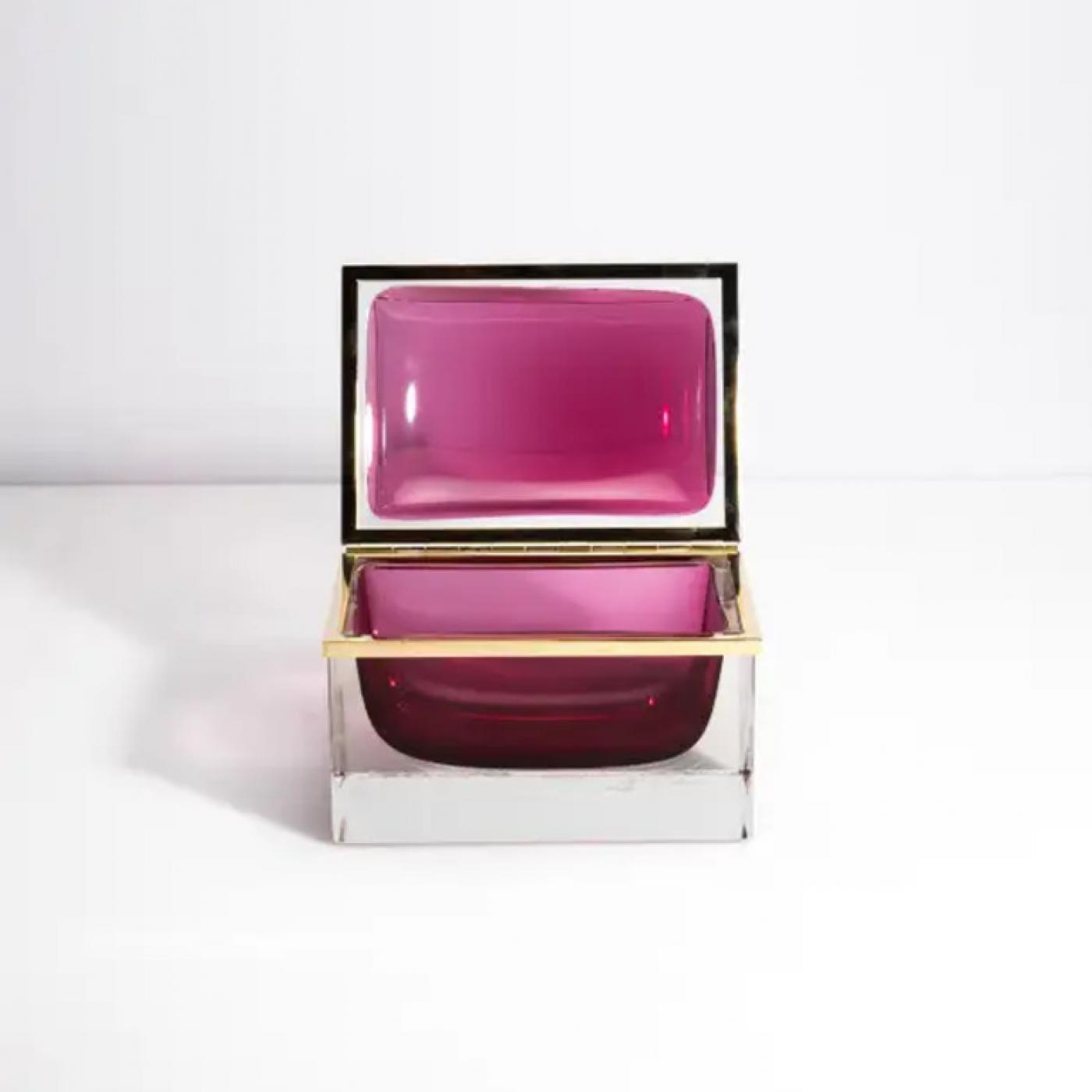 Giant Hand Blown Murano Glass Box in Ruby with Brass Fittings