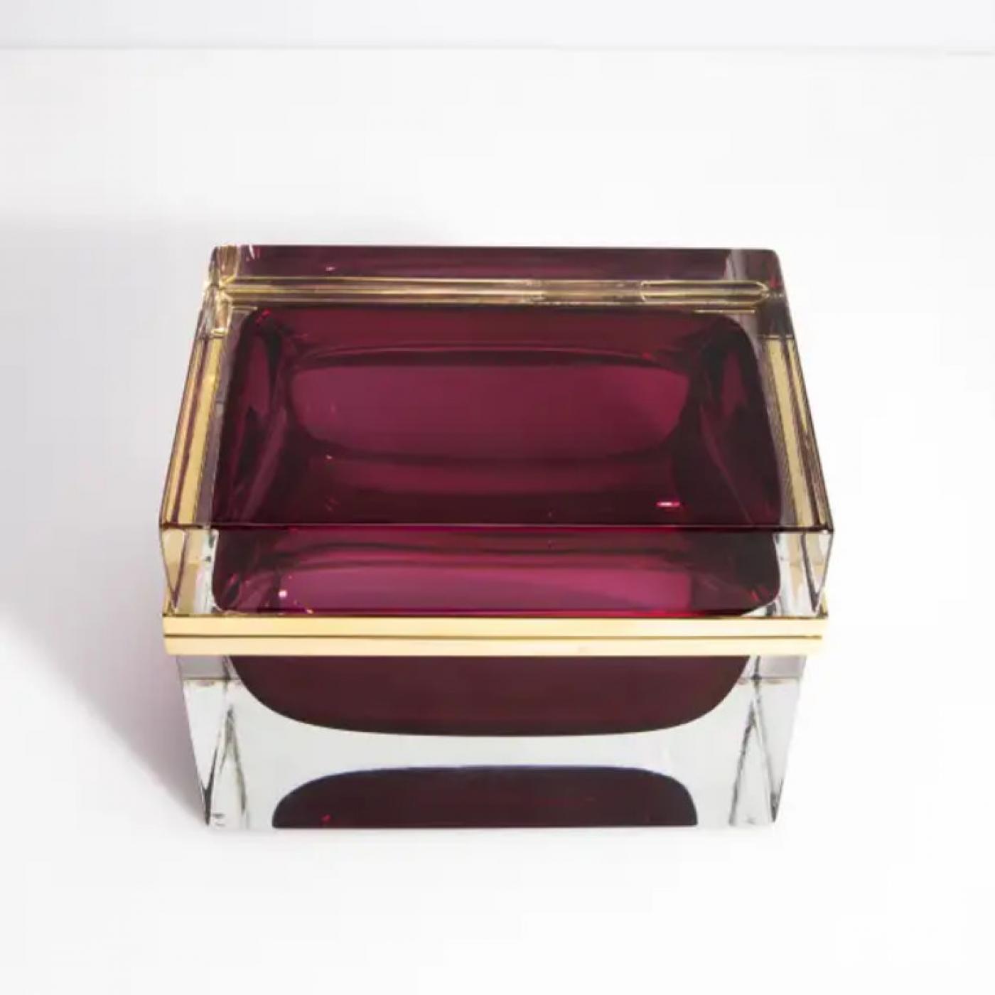 Giant Hand Blown Murano Glass Box in Ruby with Brass Fittings