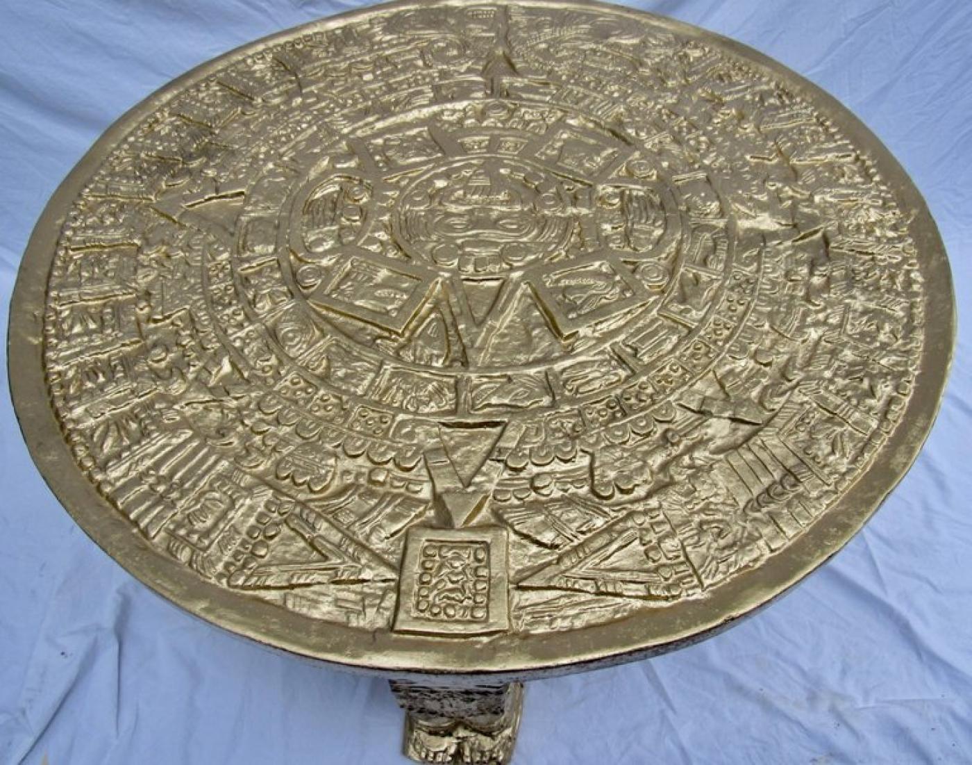 Gilt Bas- Relief Aztec Calendar Coffee Table Cast Aluminium, Mexican, 1960s