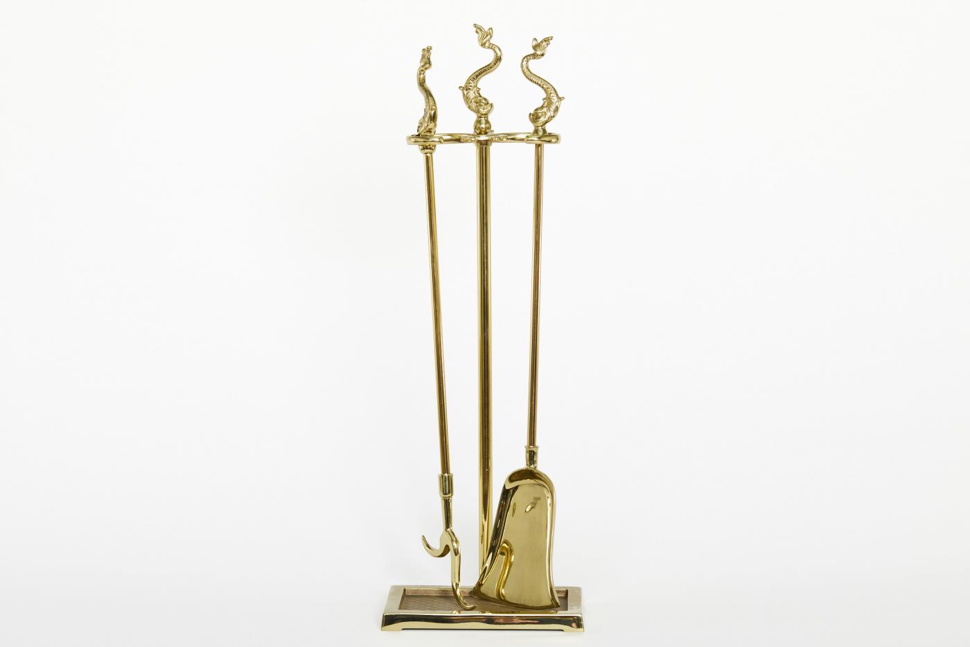 Gilt Set Solid Brass Fire Tools / Stand