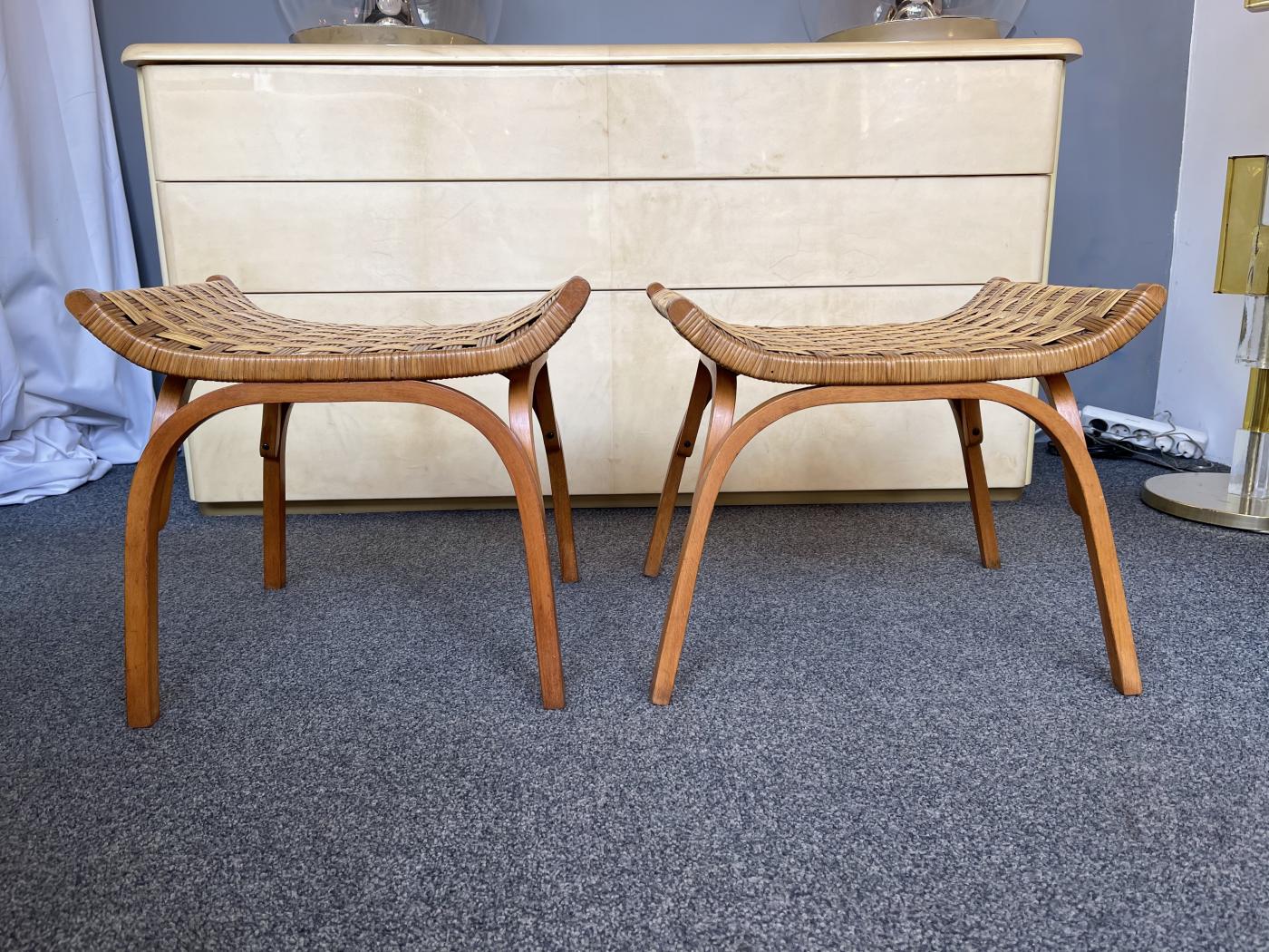 Giuseppe Pagano Pogatschnig - Pair of Wood and Rattan Taurus Stools ...