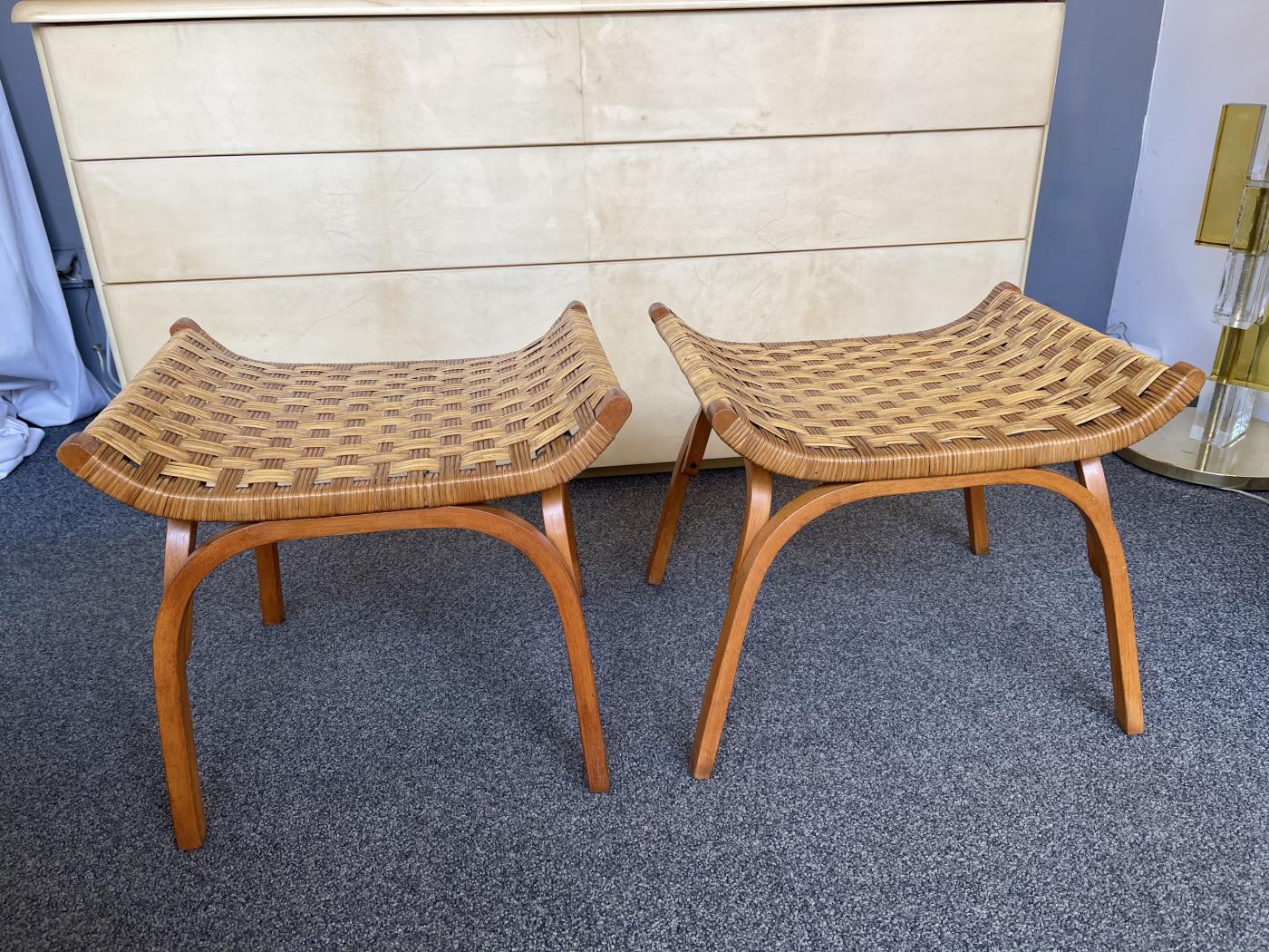 Giuseppe Pagano Pogatschnig - Pair of Wood and Rattan Taurus Stools ...