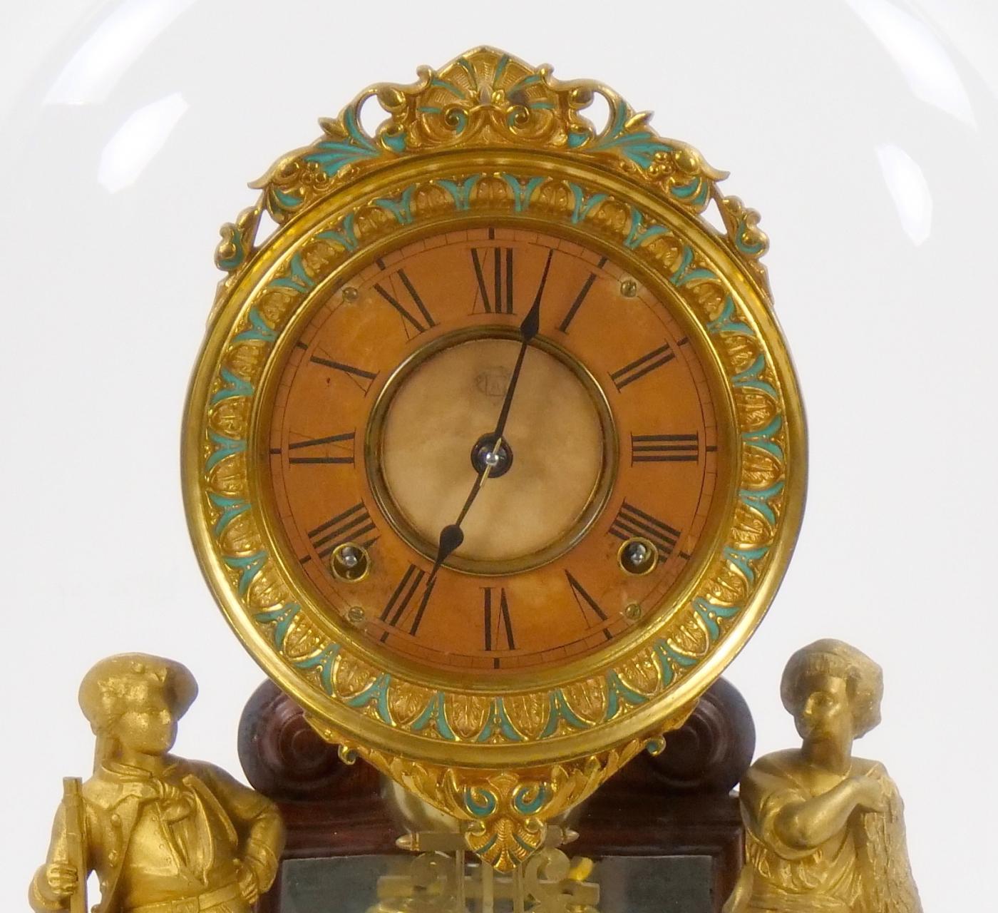 Glass Dome Bronze / Porcelain Face Ansonian Crystal Palace Mantel Clock