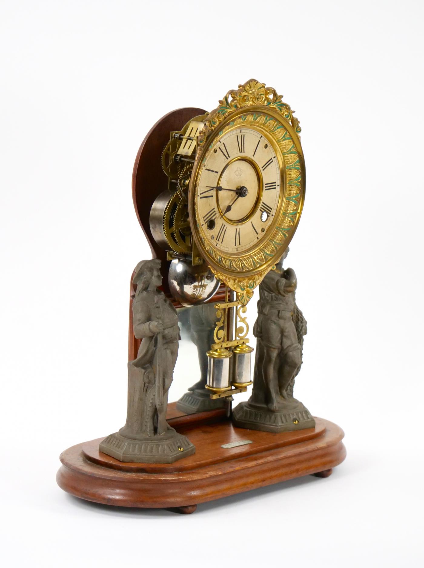 Glass Dome Bronze / Wood Base Porcelain Face Mantel Clock