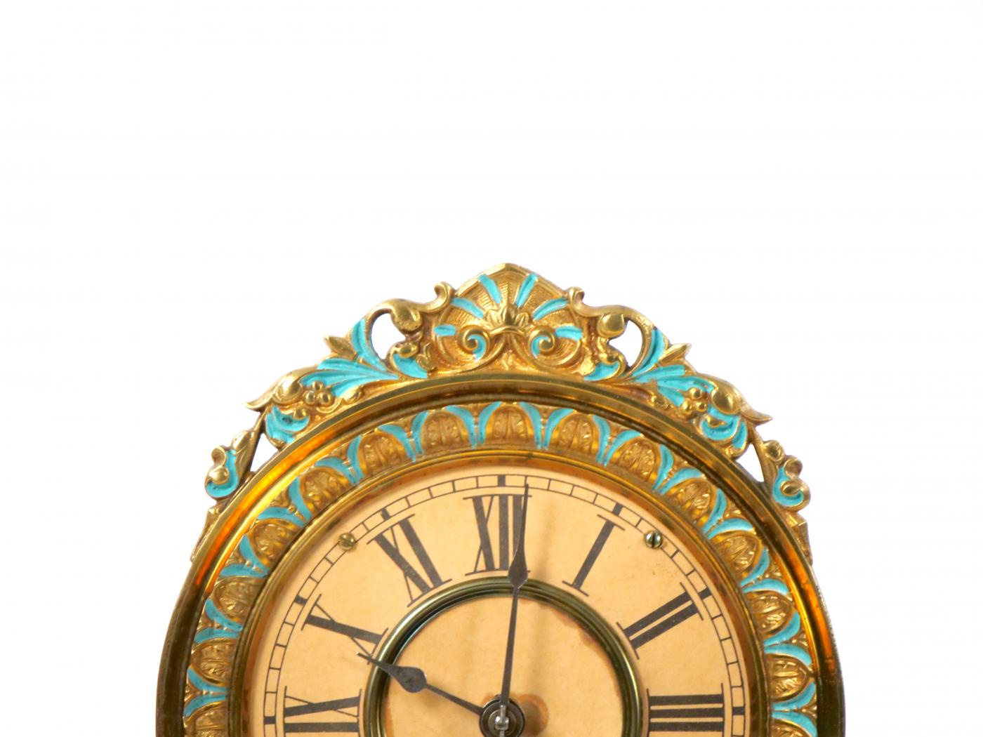 Glass Dome Bronze / Wood Base Porcelain Face Mantel Clock