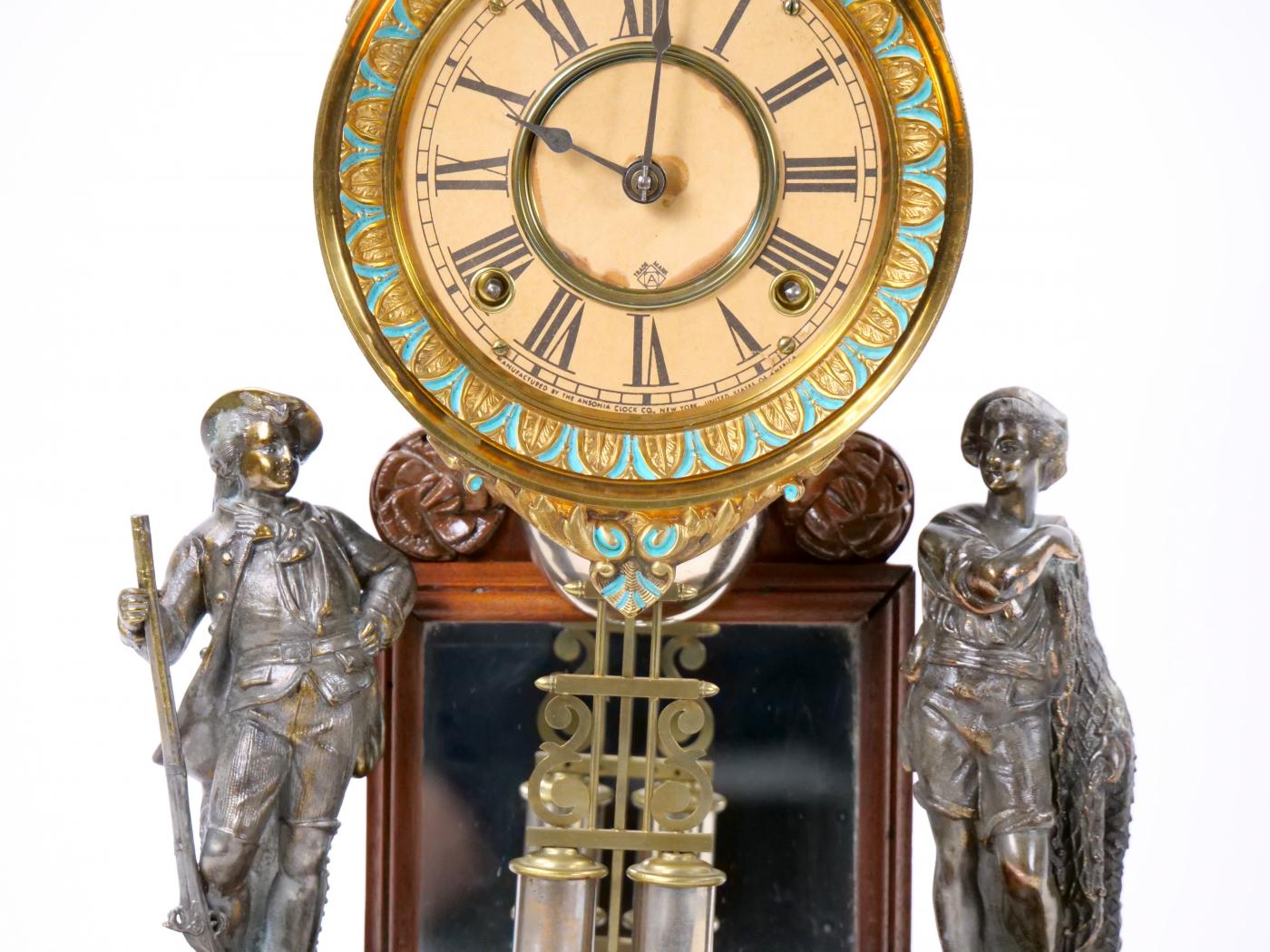 Glass Dome Bronze / Wood Base Porcelain Face Mantel Clock