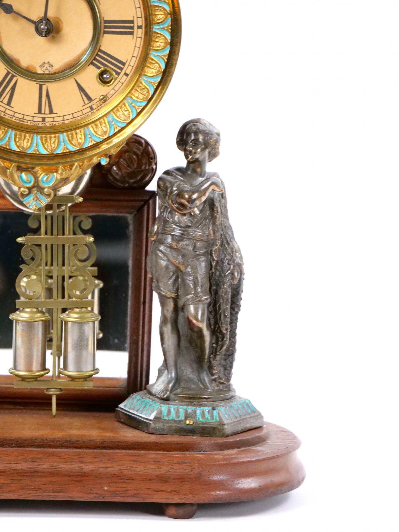 Glass Dome Bronze / Wood Base Porcelain Face Mantel Clock