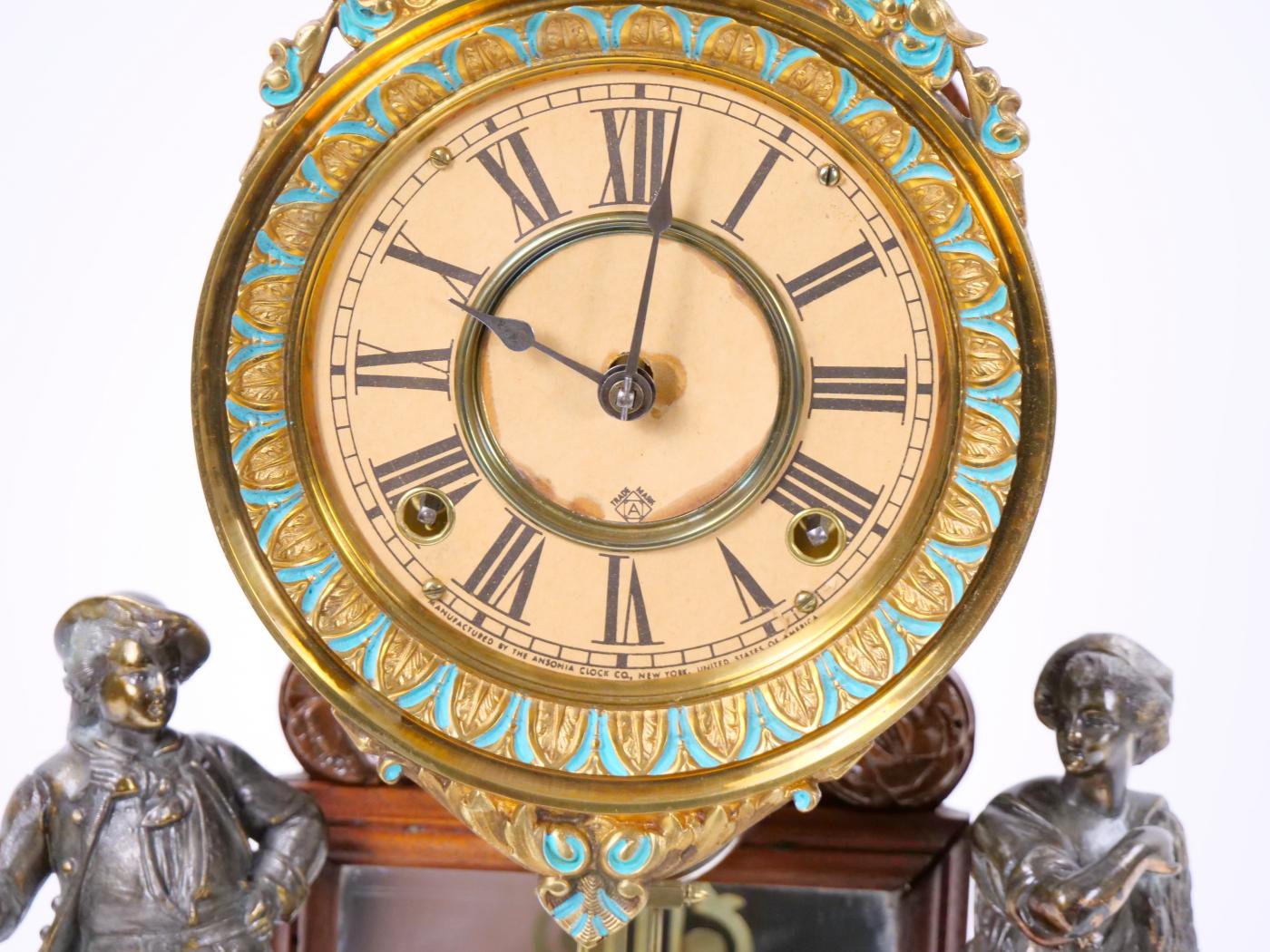 Glass Dome Bronze / Wood Base Porcelain Face Mantel Clock
