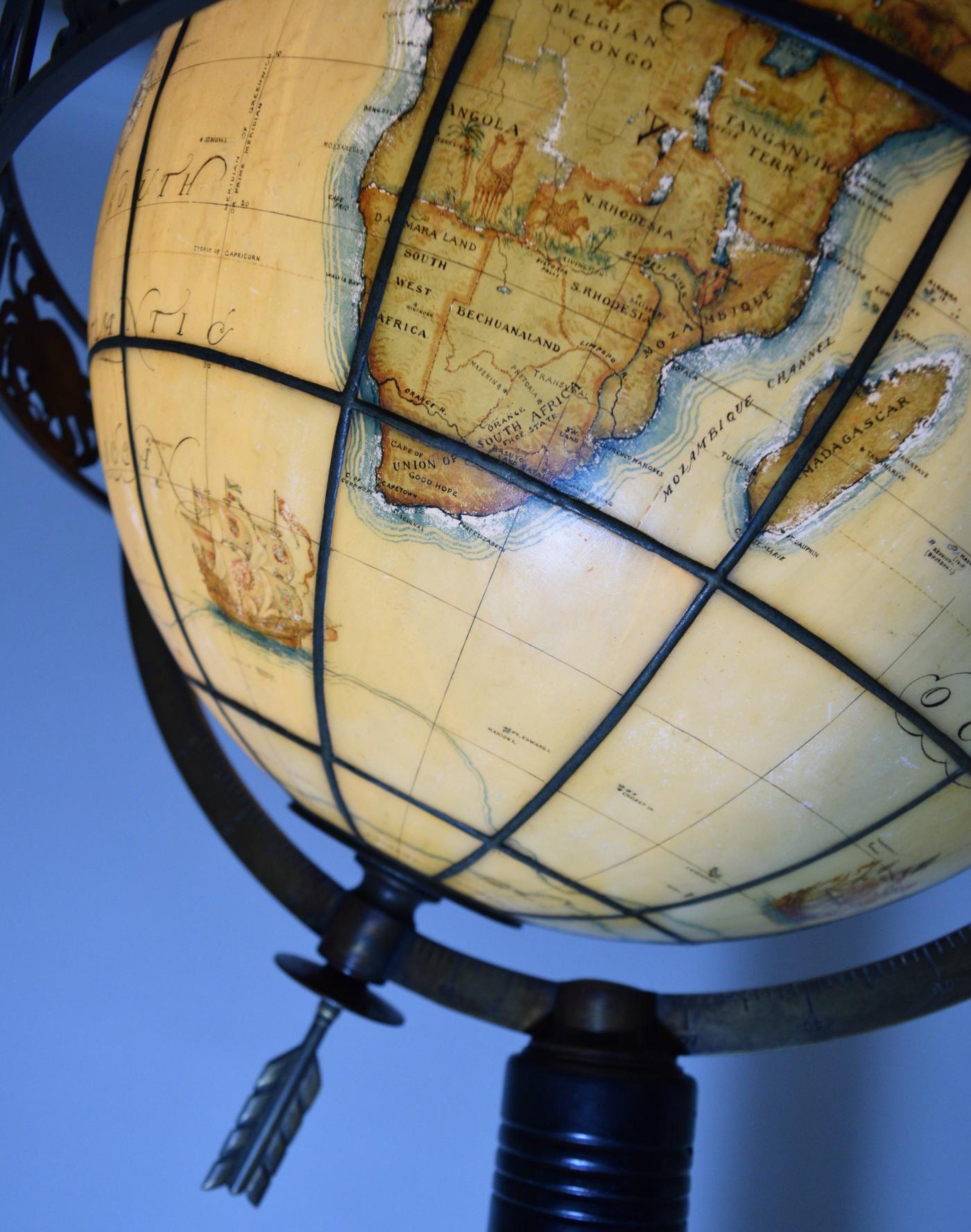 Glass and Bronze World Globe Illuminated Hand Painted 1938