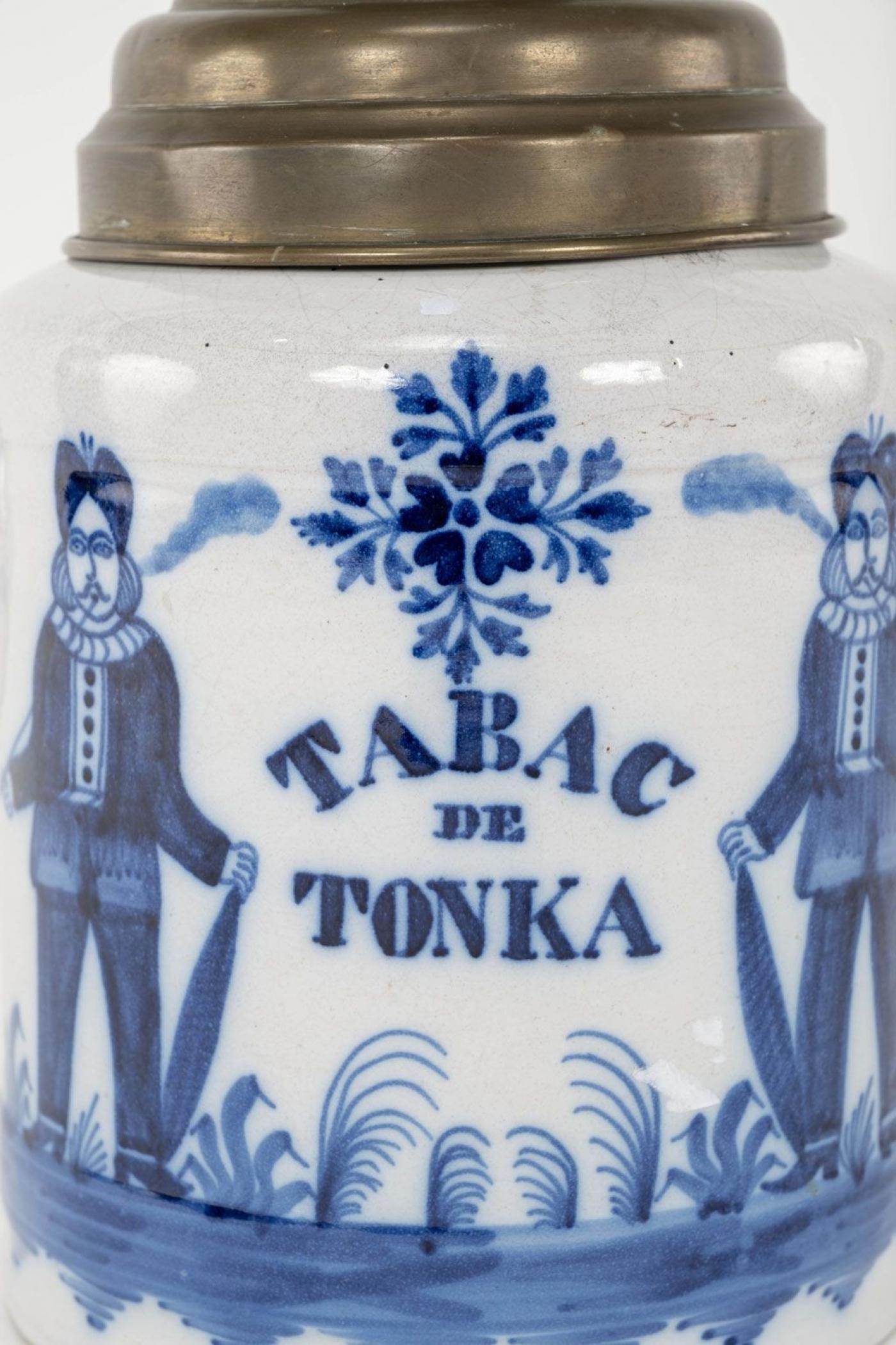 Glazed Earthenware Blue and White "Tabac de Tonka" Tobacco Jar