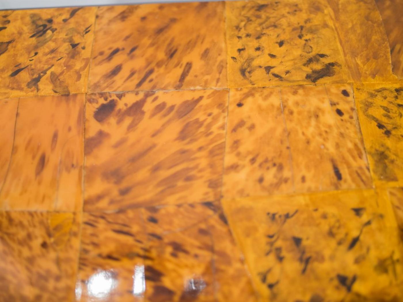 Great pair of faux tortoise shell modernist console tables