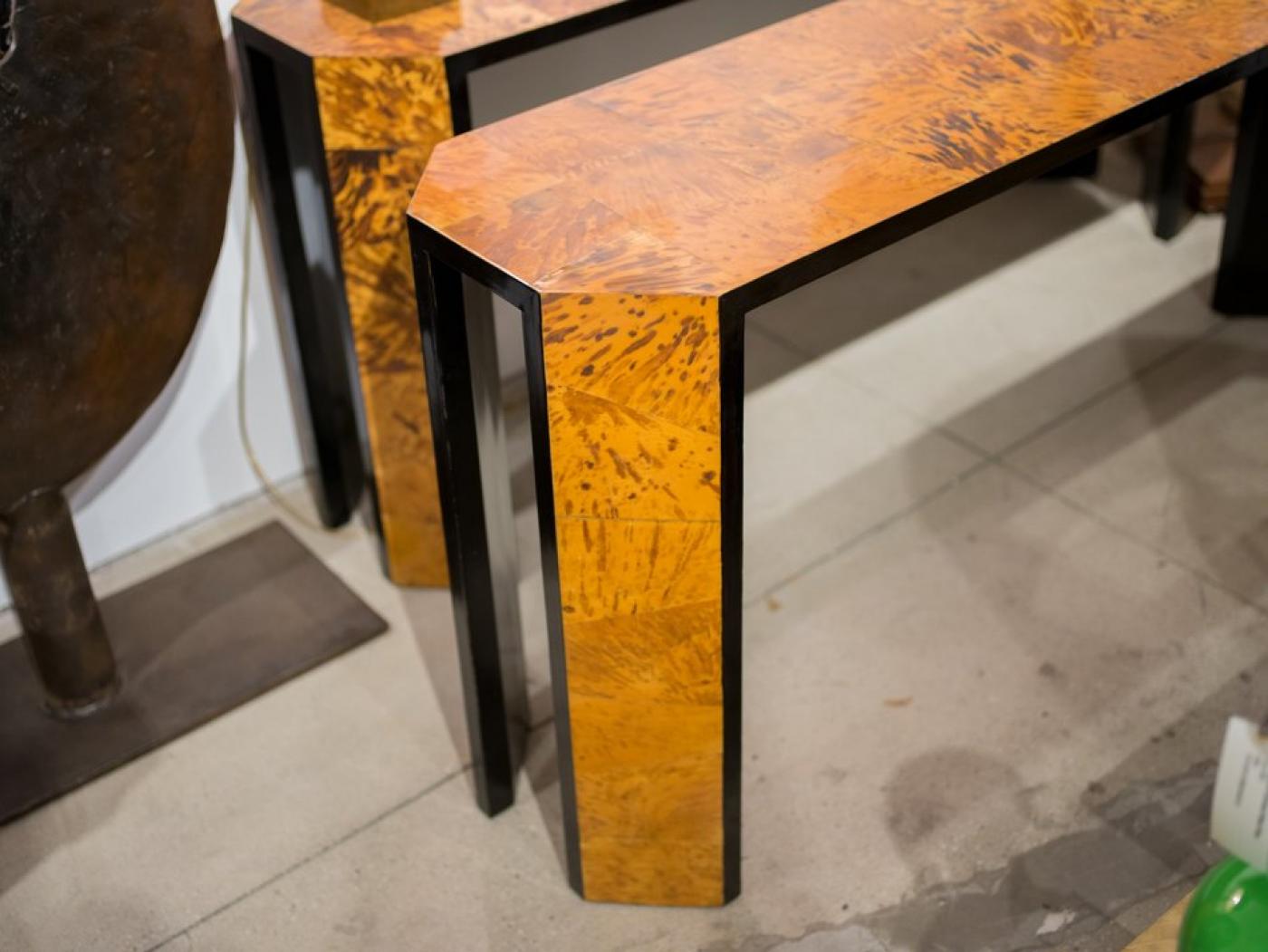 Great pair of faux tortoise shell modernist console tables