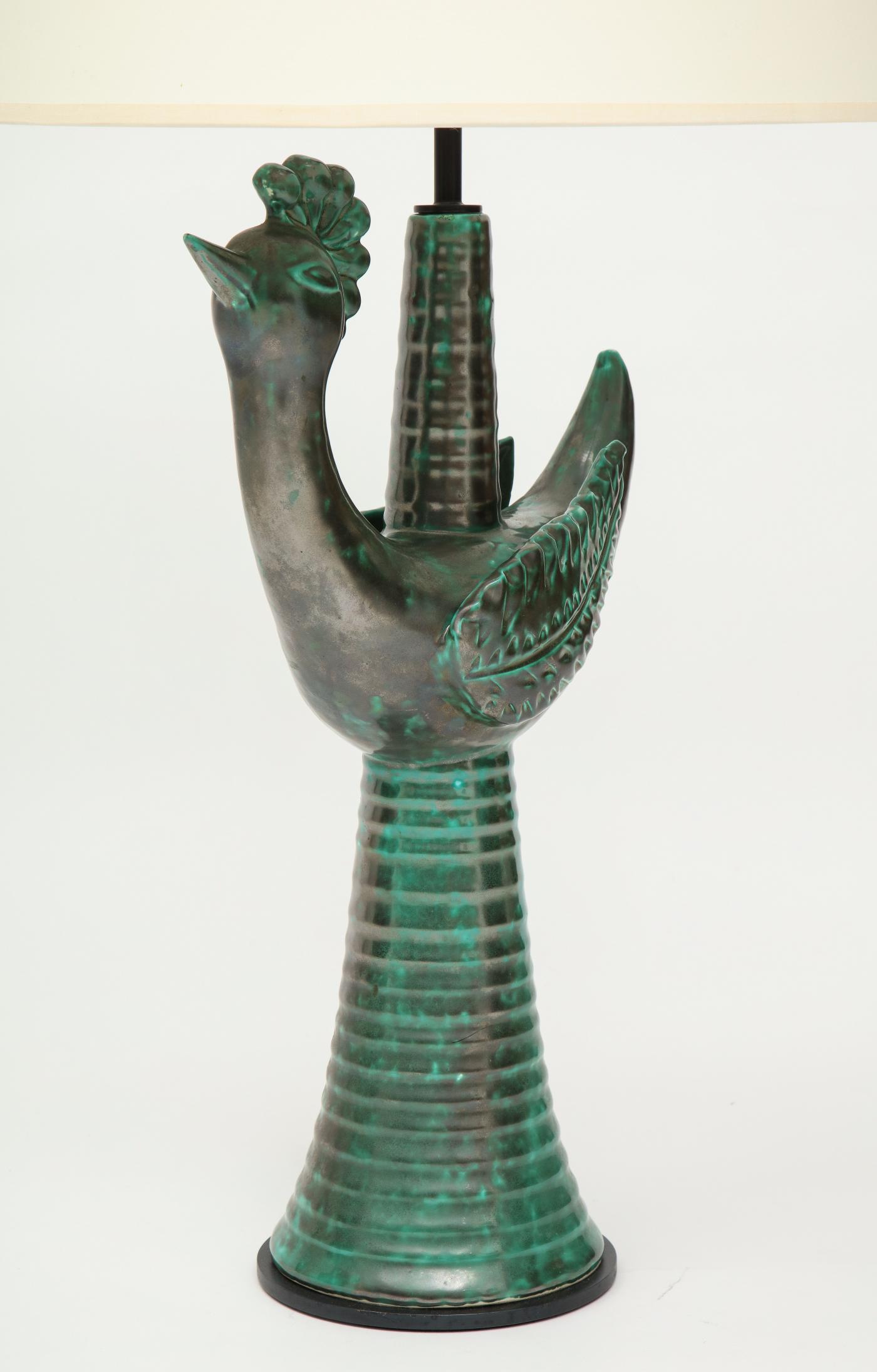 Green Mid-Century Ceramic Rooster Lamp, France, c. 1960s
