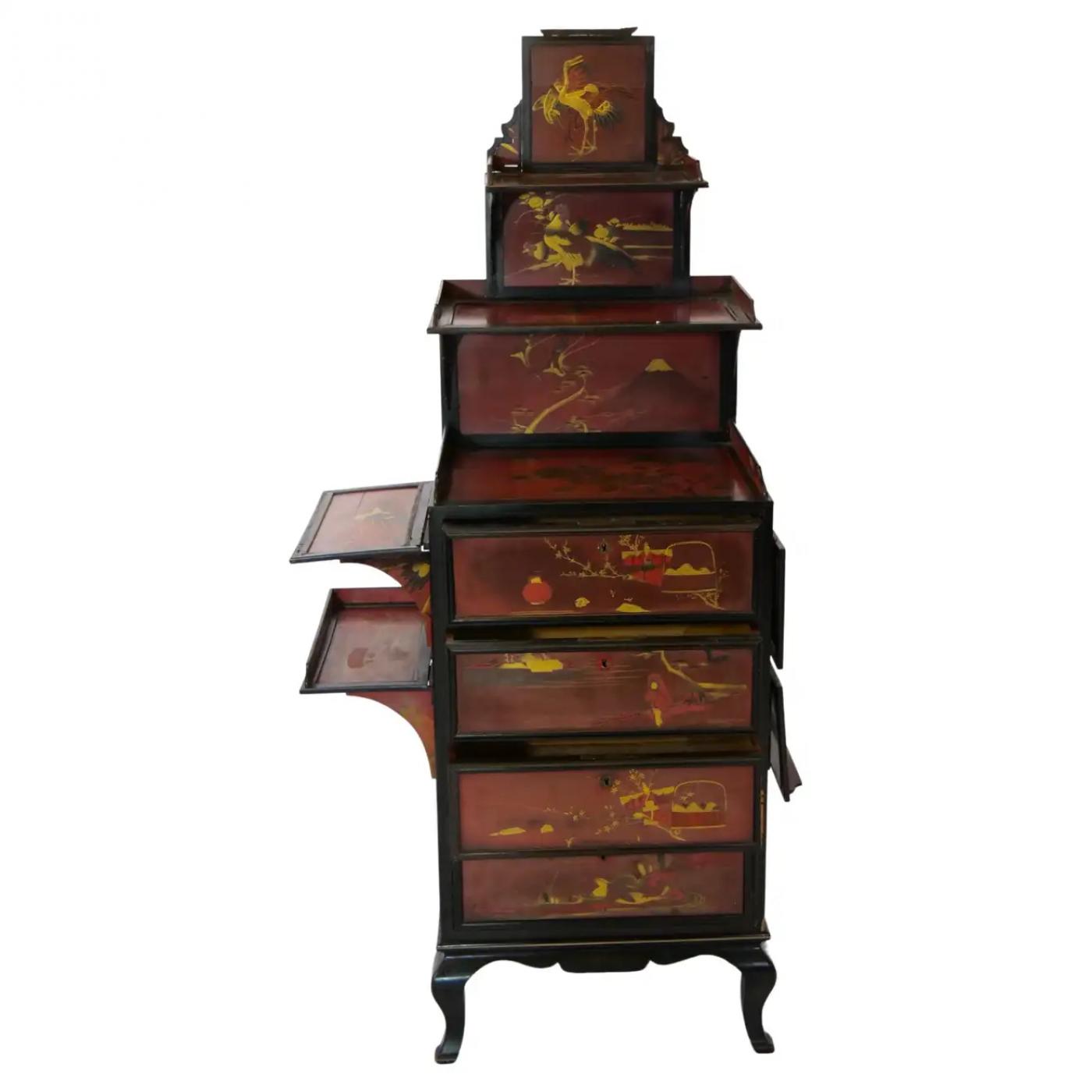 Hand Painted Lacquered Wood Chinoiserie Cabinet