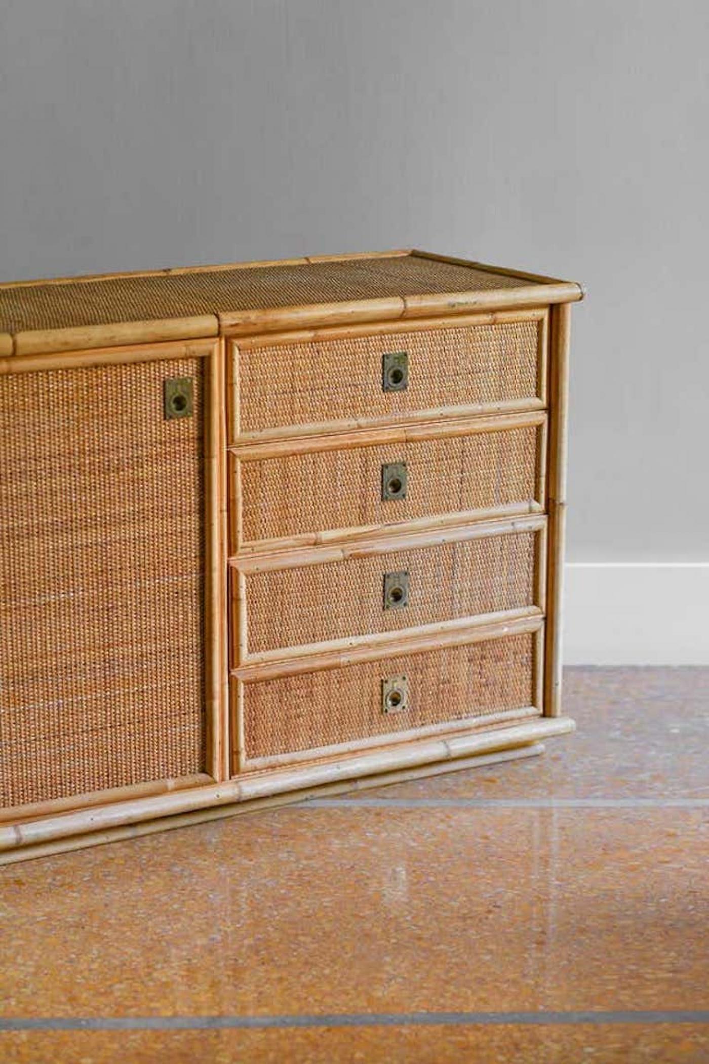 Hand-woven rattan and bamboo sideboard, 1970
