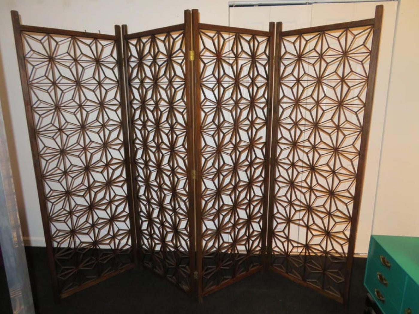 Handsome Mid-Century Modern 4 Panel Folding Screen Bohemian