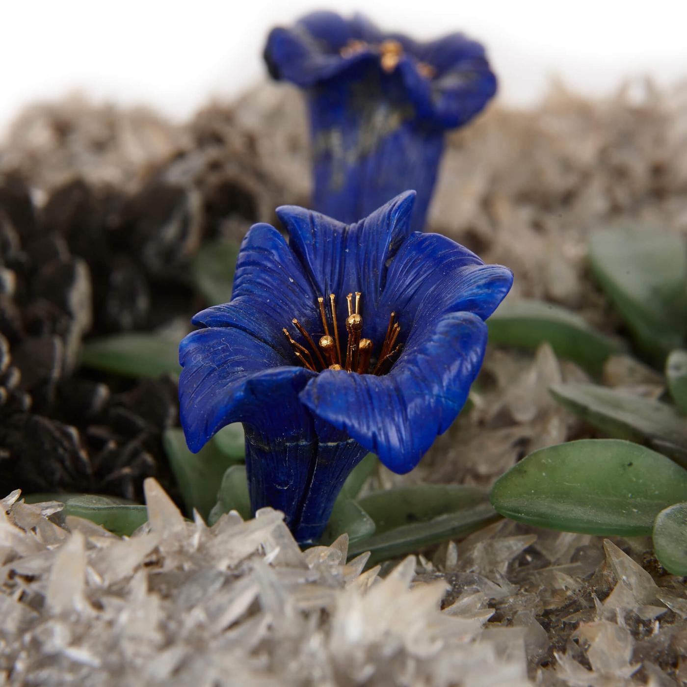 Hardstone, quartz, gold, nephrite & lapis lazuli model of an alpine ...