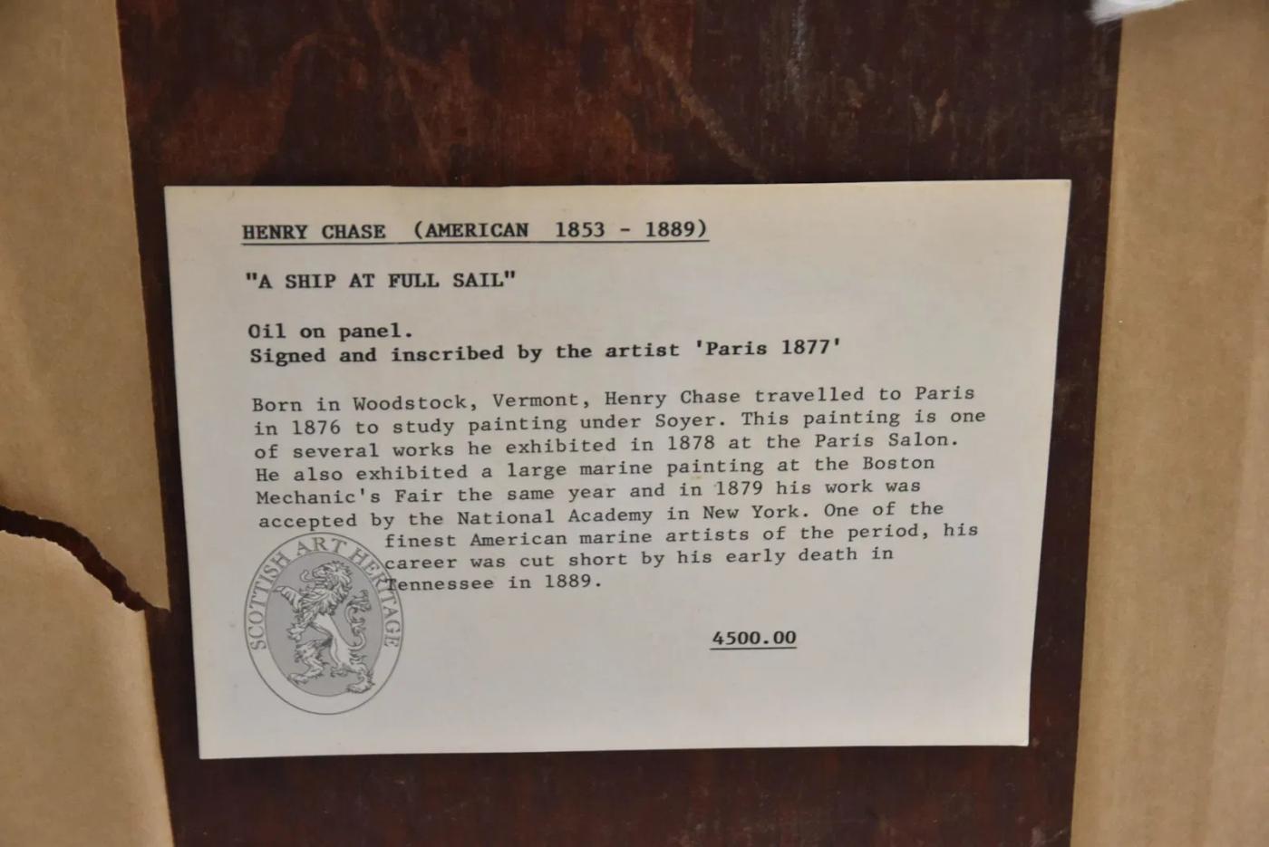 Harry (Henry) Chase - HENRY CHASE , OIL PAINTING OF SHIP AT SEA