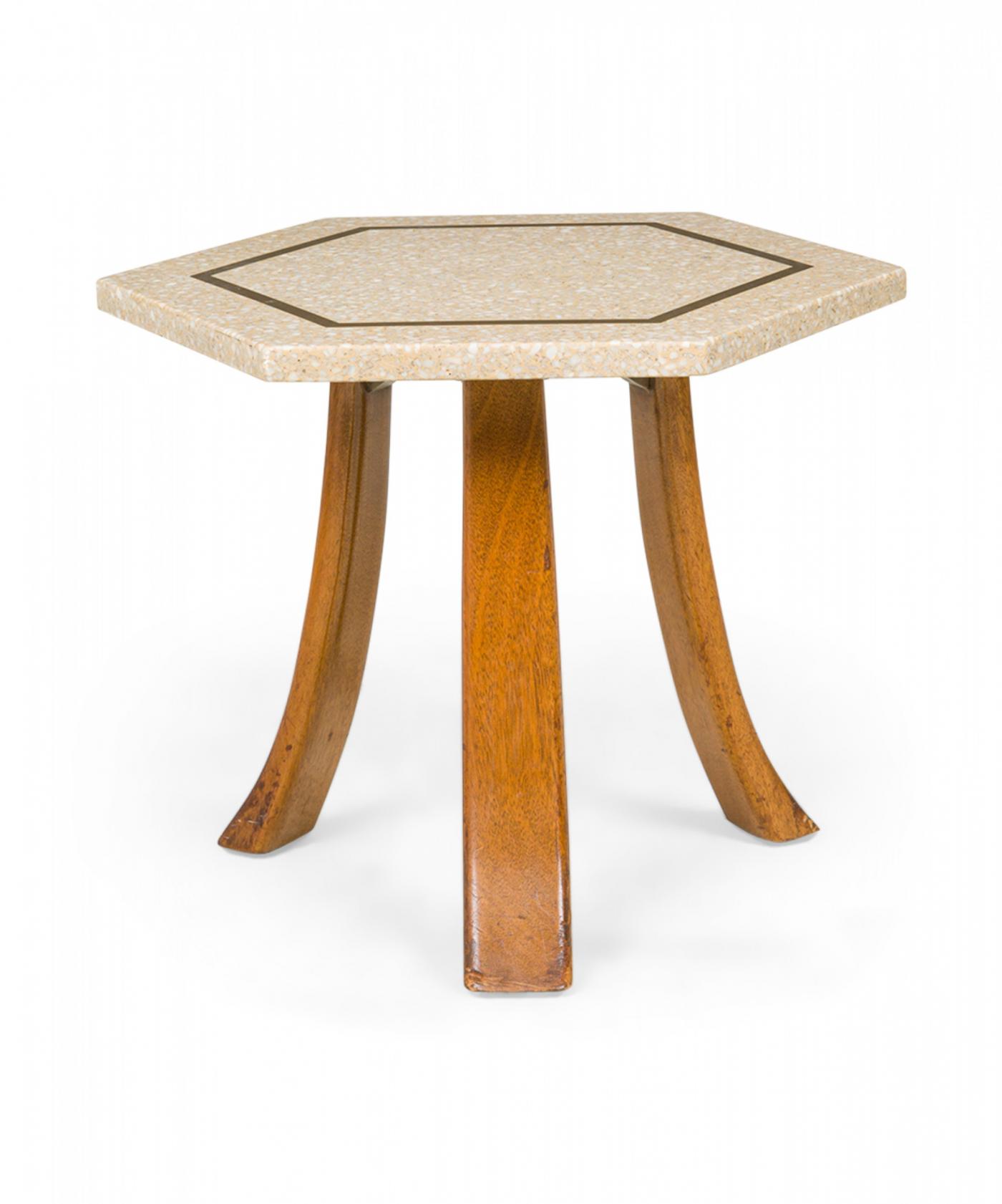 Harvey Probber - Beige Terrazzo and Bronze Inlay Hexagonal End / Side Tables