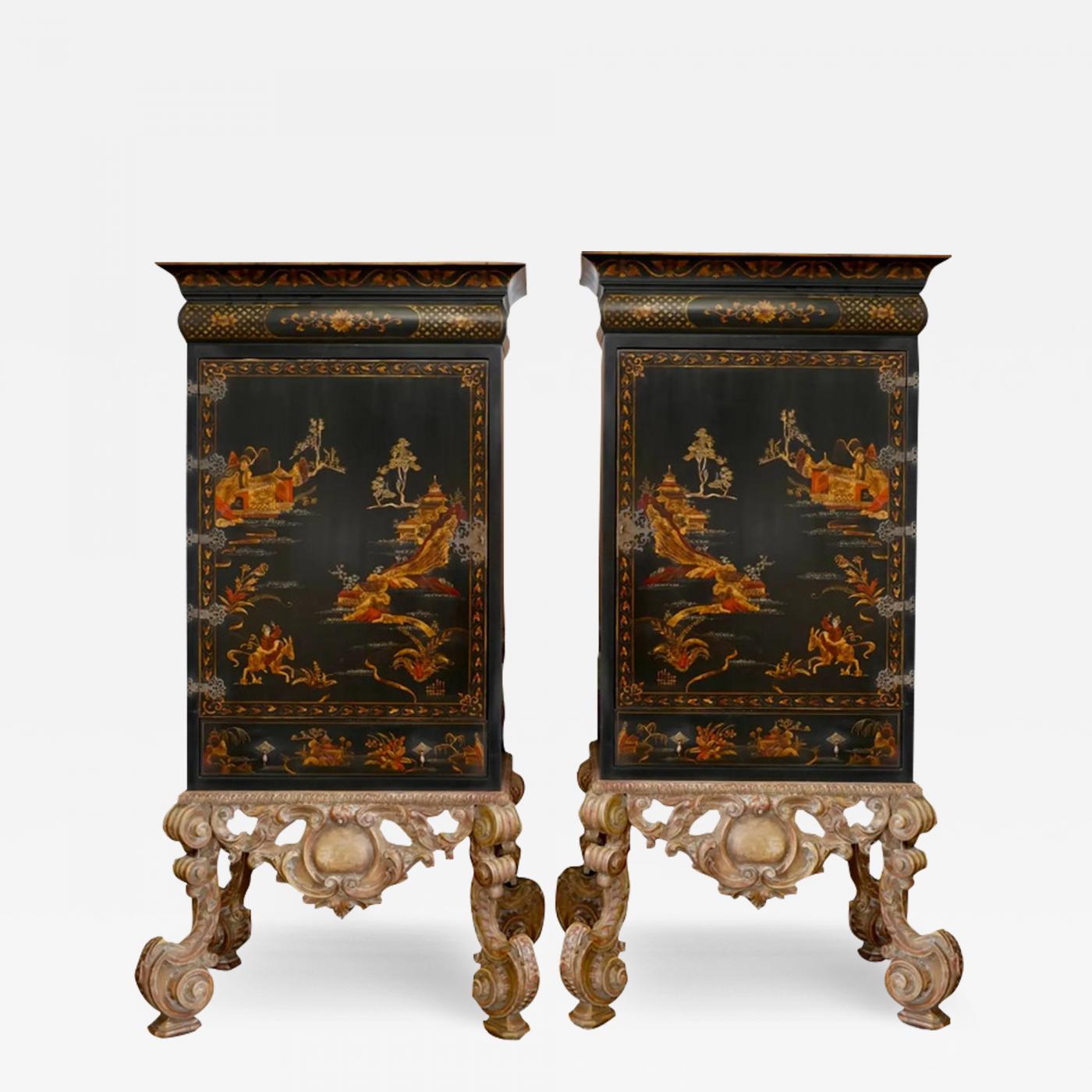 Hendrix Allardyce 18c Style Georgian Black Chinoiserie Cabinets