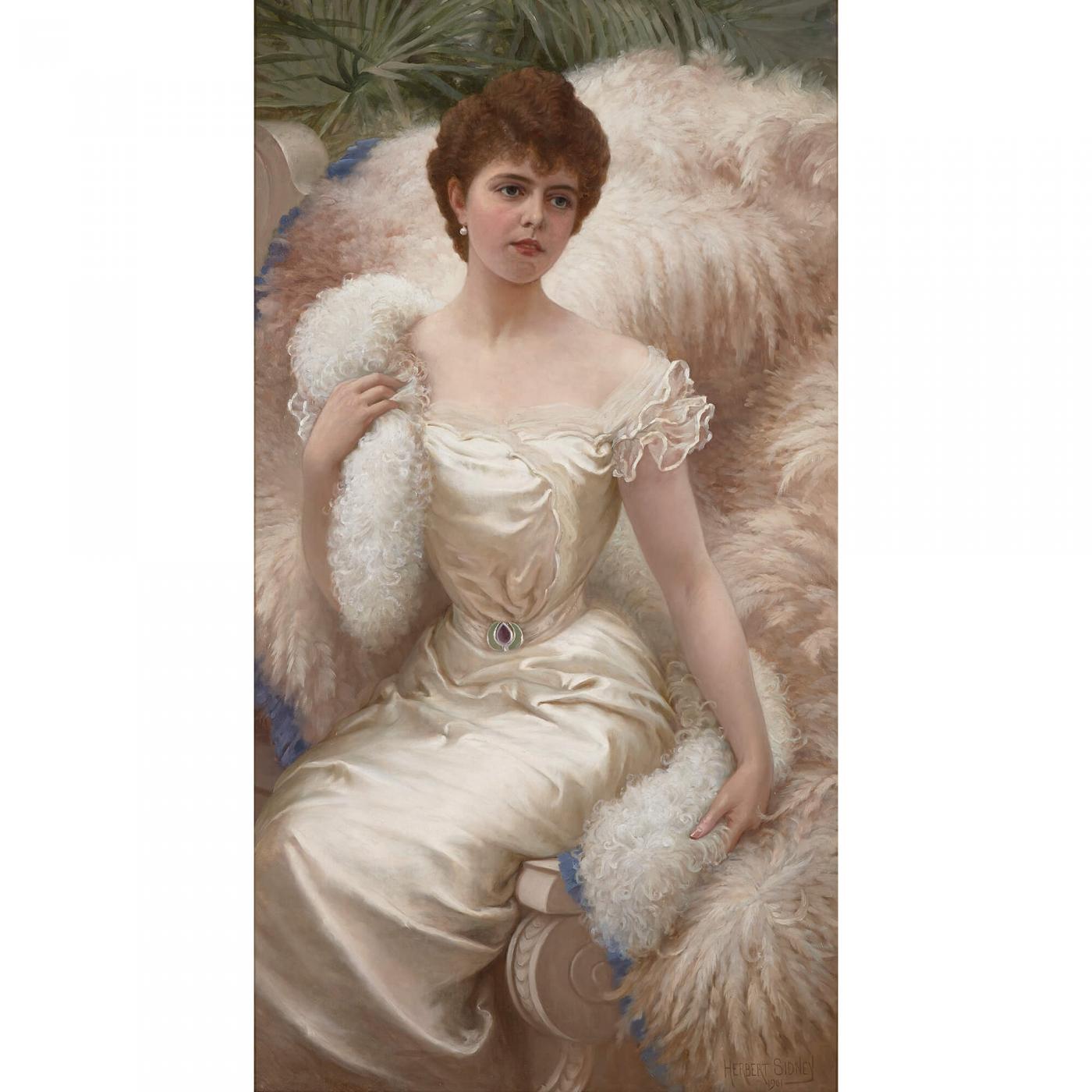 Herbert Sidney - 'The Feather Boa,' a large oil painting of Miss ...