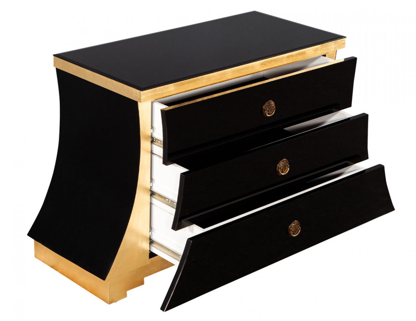 Hollywood Regency Black Glass and Gold Leaf Curved Commode