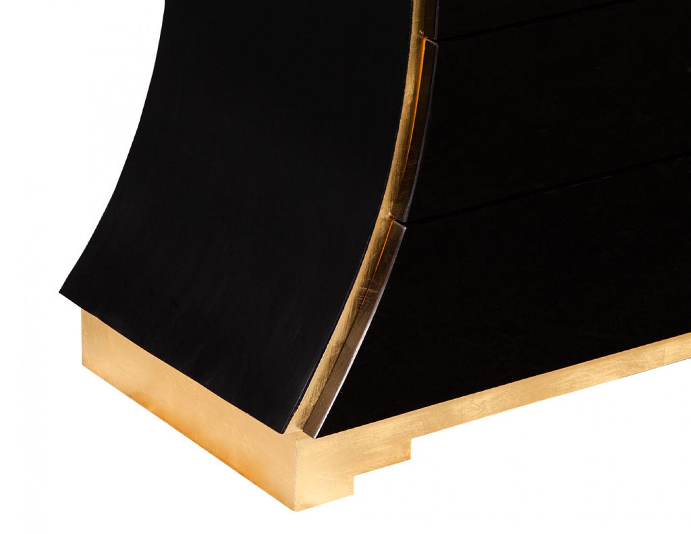 Hollywood Regency Black Glass and Gold Leaf Curved Commode