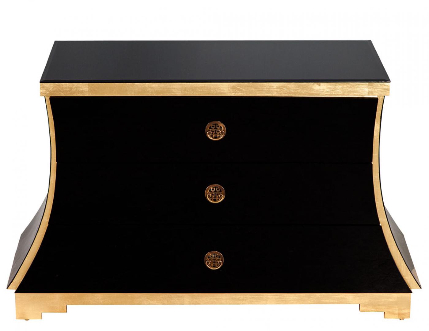 Hollywood Regency Black Glass and Gold Leaf Curved Commode